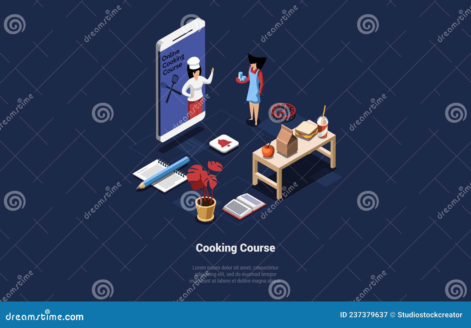 Cooking Study Courses Vector Illustration in Cartoon 3D Style on Dark ...