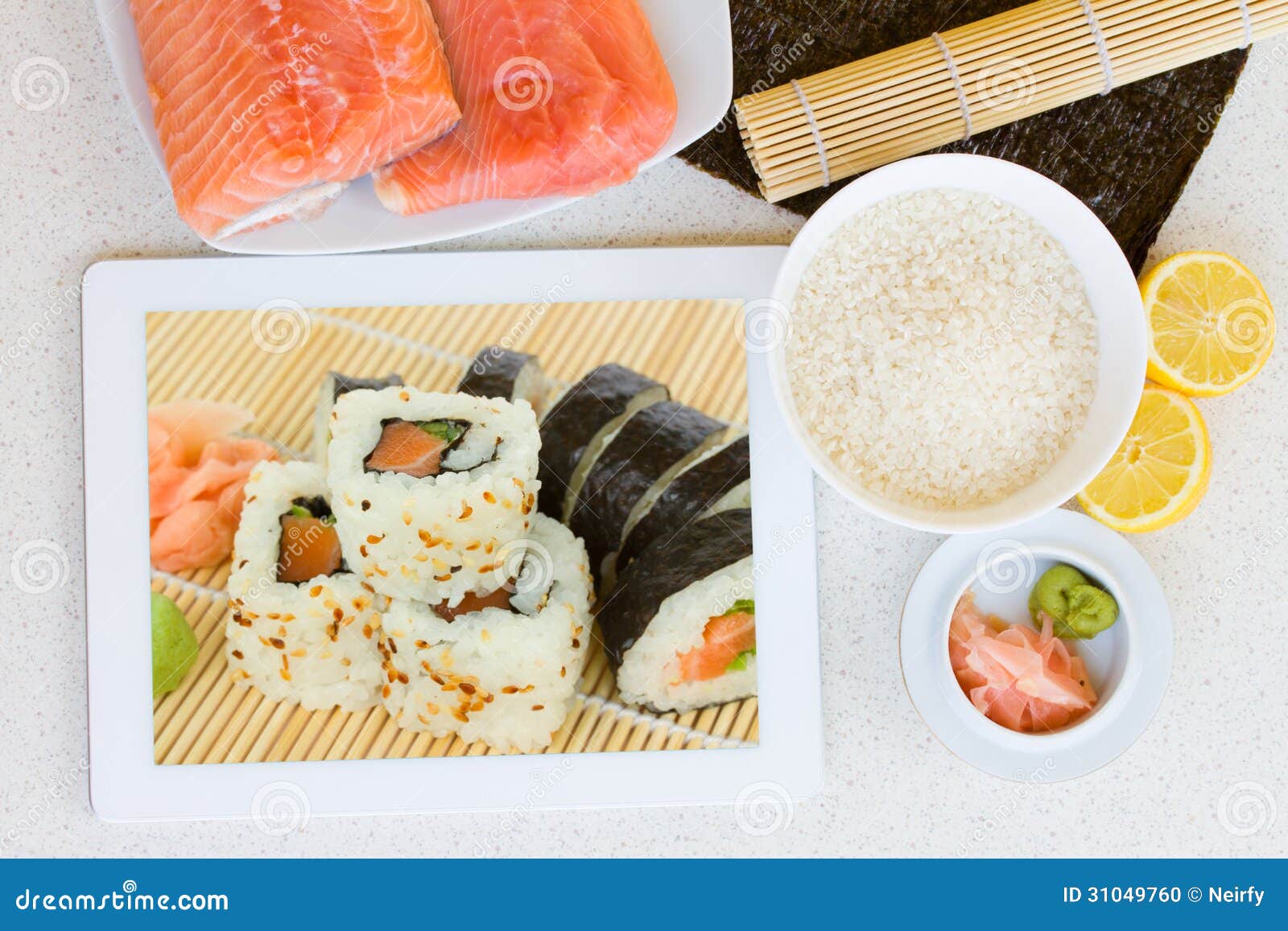 Cooking sushi with tablet stock photo. Image of card - 31049760
