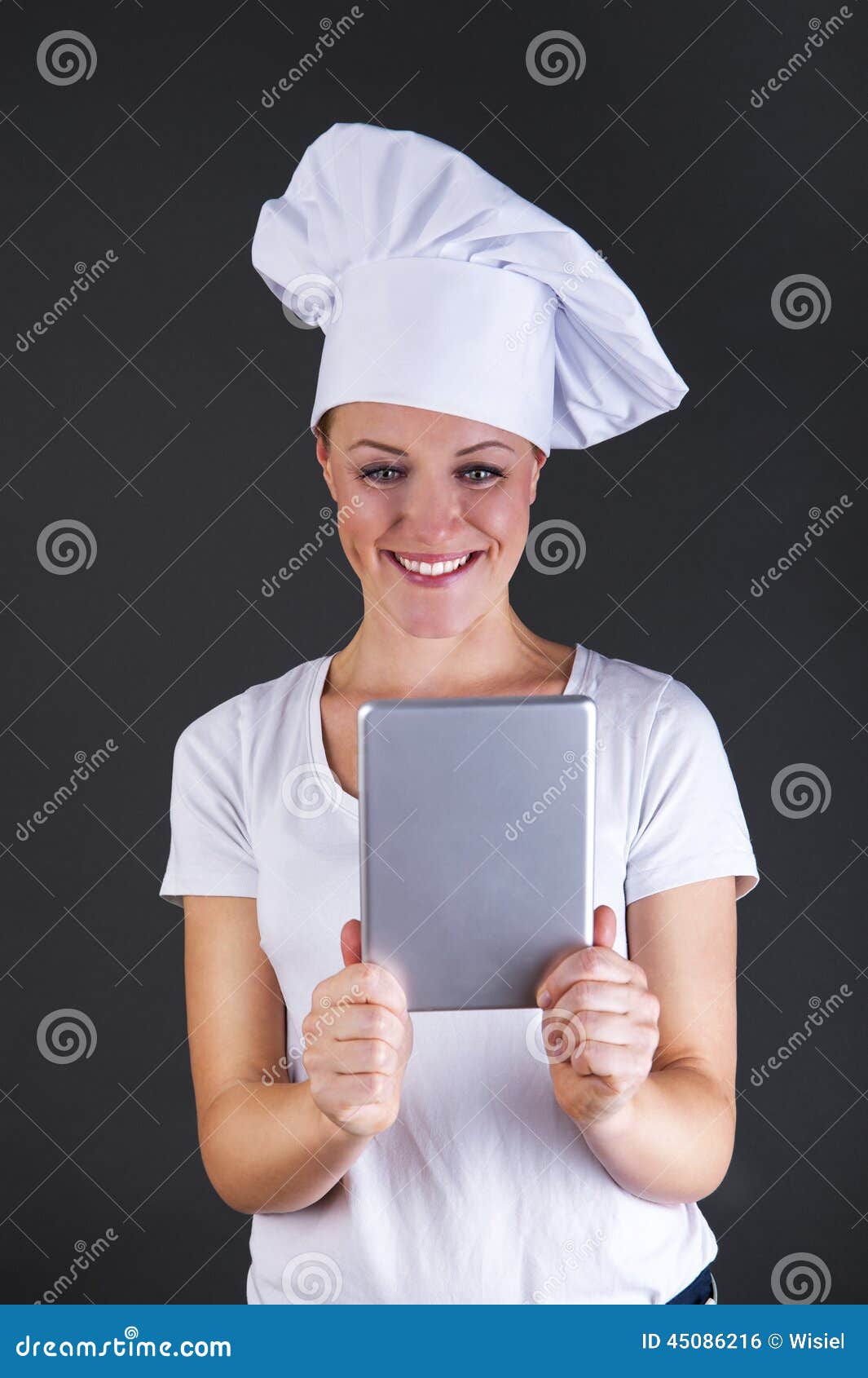 Cooking, Technology and Food Concept - Smiling Female Chef, Cook Stock ...