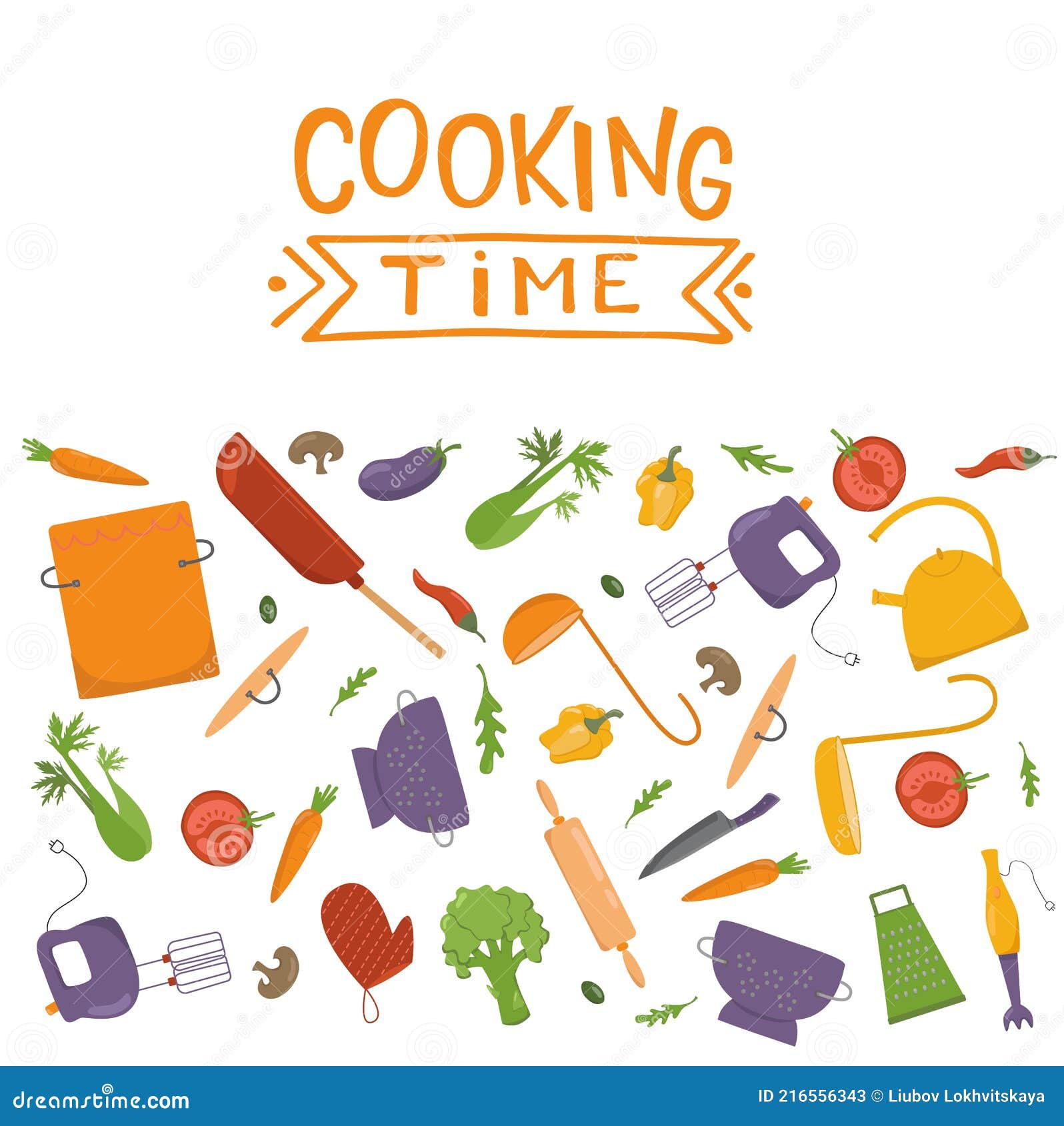 Cooking Time Lettering Sing with Vegetables and Kitchen Tools in Frame ...