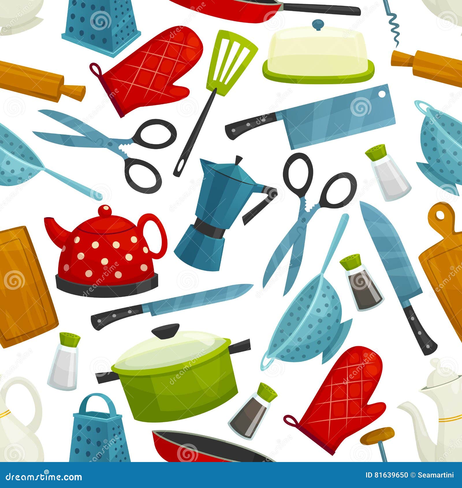 Cooking Utensils, Kitchenware Seamless Pattern Stock Vector - Illustration of graphic, colander ...