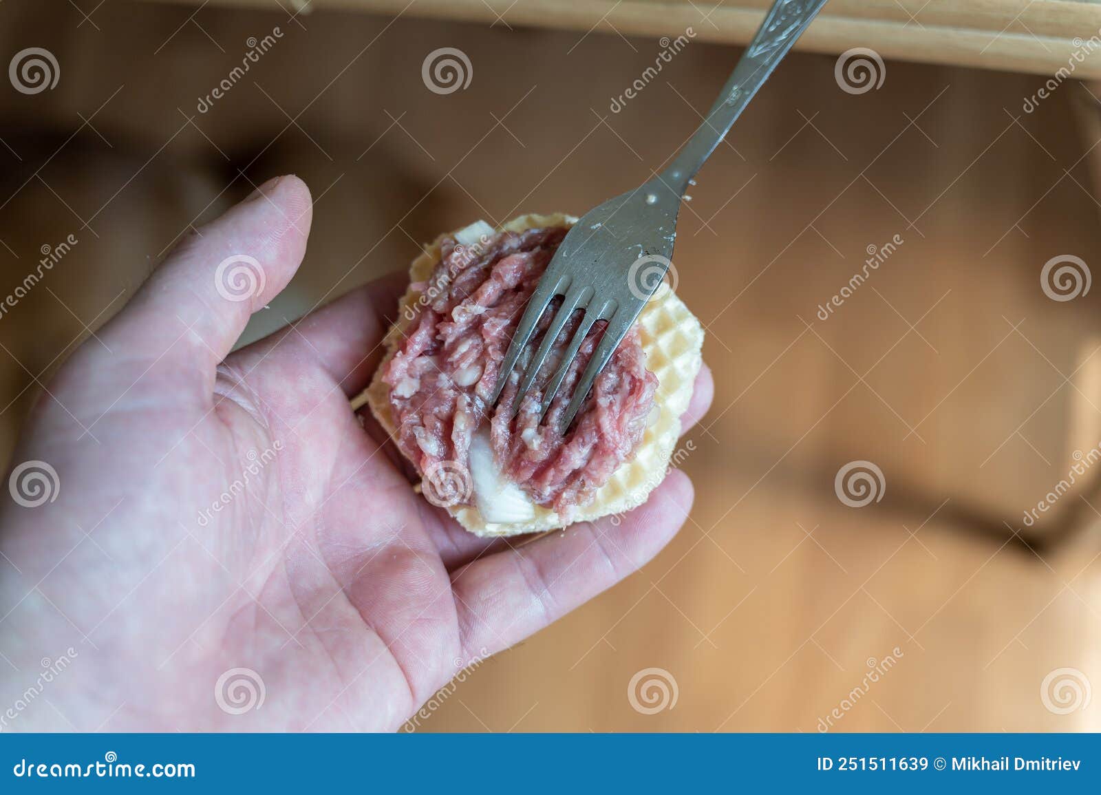 Cooking Waffle Crusts Stuffed with Minced Meat. Step by Step Sequence ...