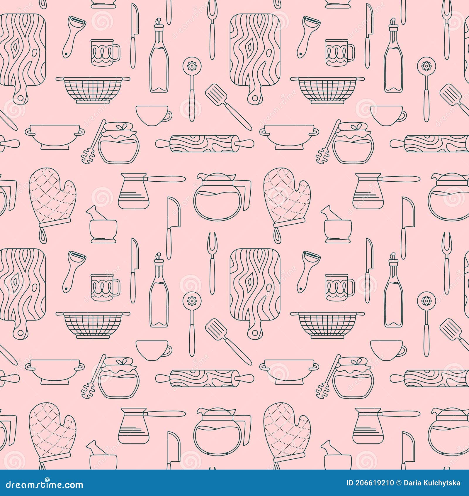 Cookware Kitchen Pink Seamless Pattern Line Vector Stock Photo - Image ...