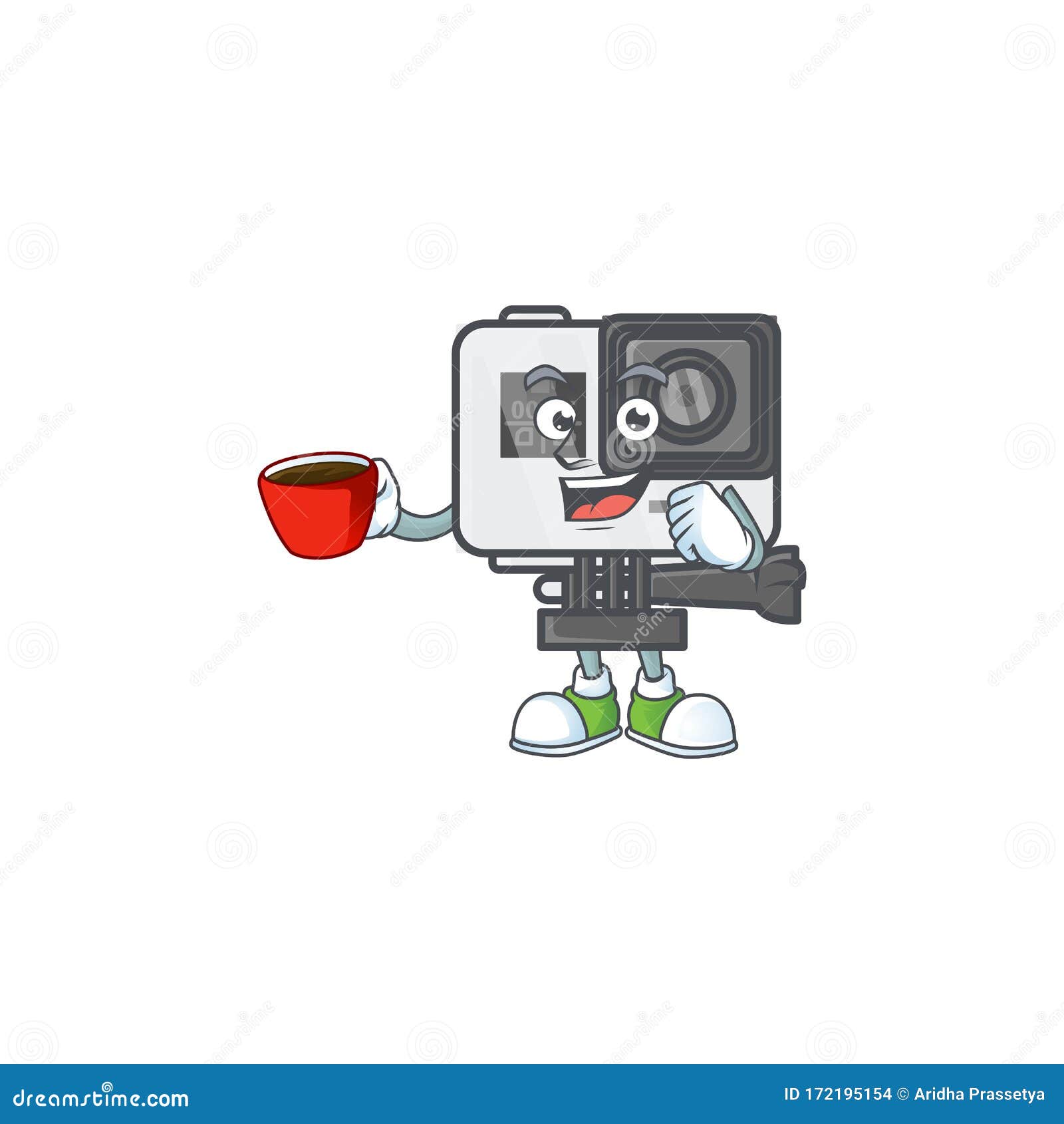 Cool Action Camera Cartoon Character with a Cup of Coffee Stock Vector ...