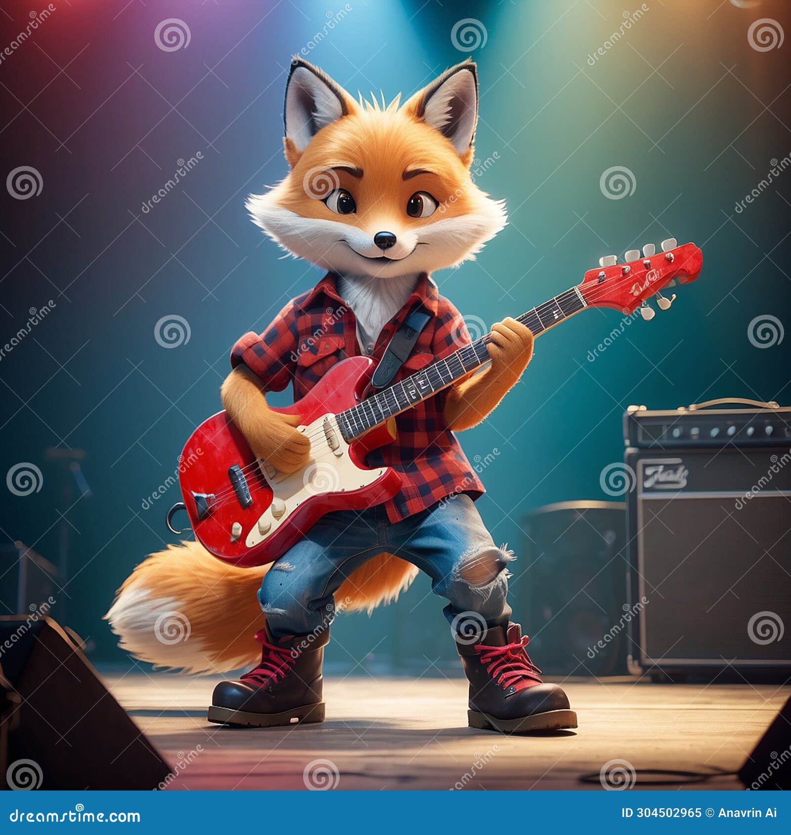 A Cool Antropomorphic Fox Playing a Red Guitar. AI Generated Stock ...