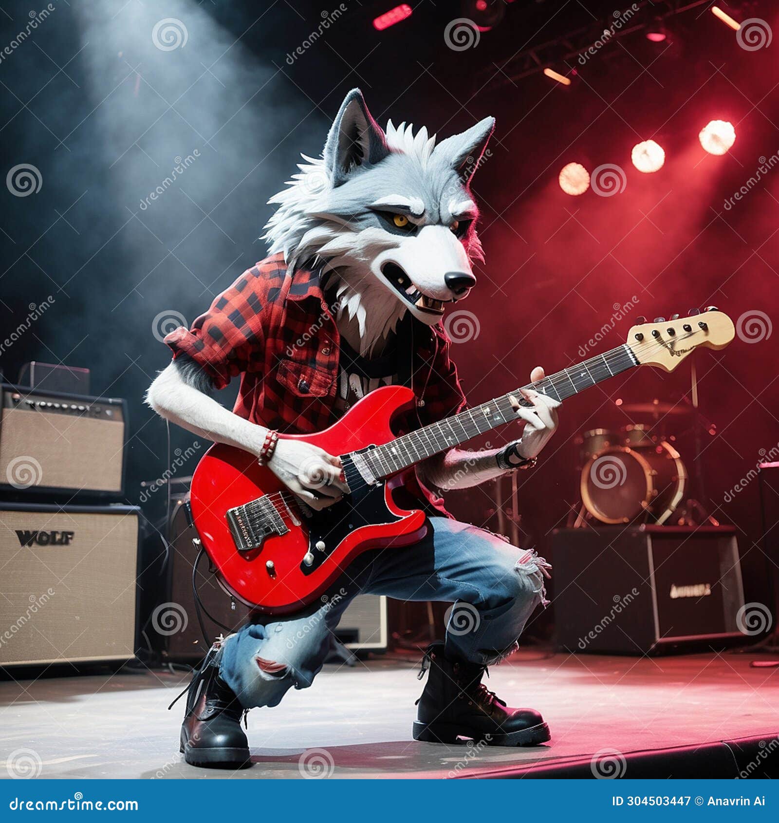 A Cool Antropomorphic Wolf Playing a Red Guitar. AI Generated Stock ...