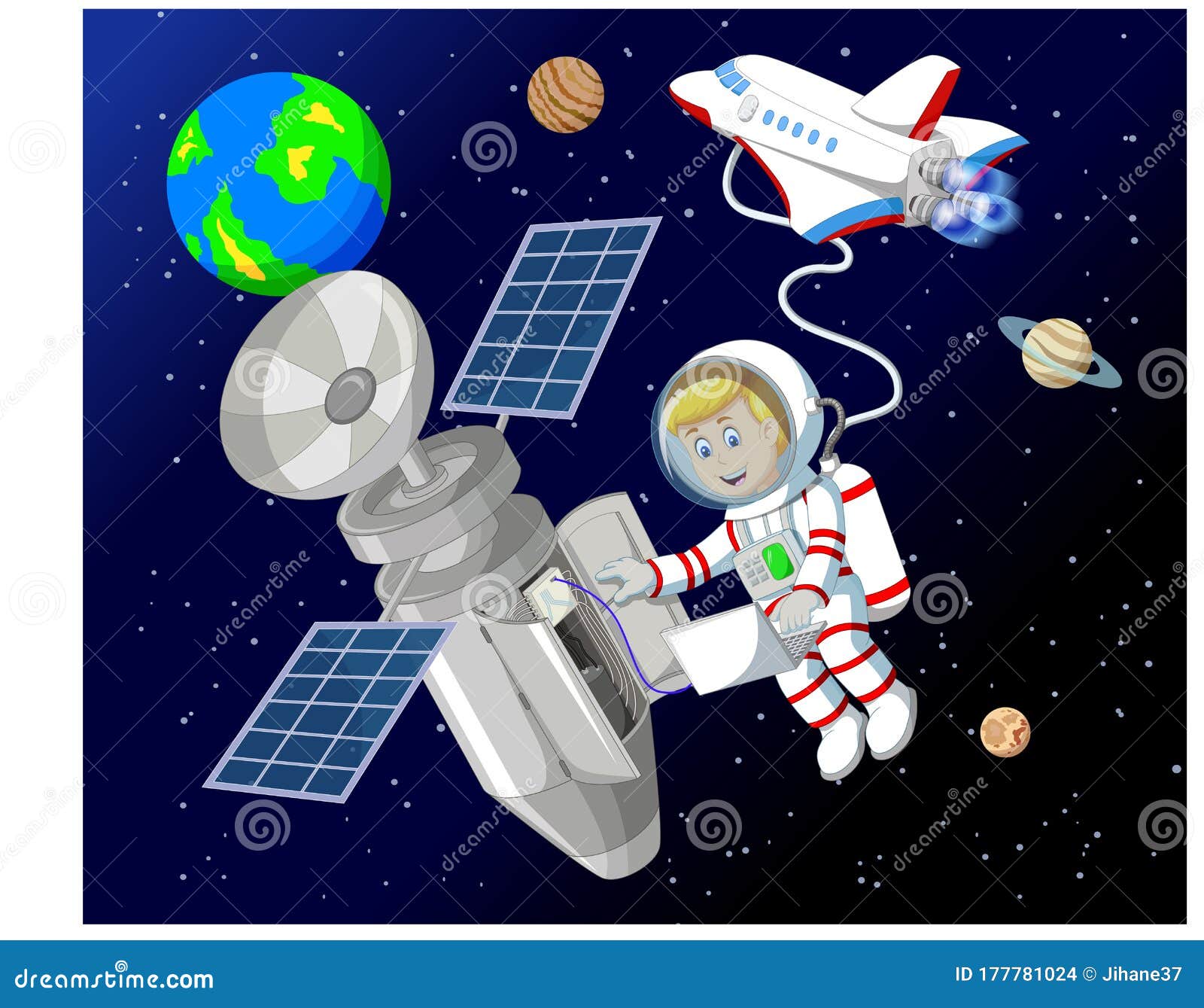 Satellite In Cartoon Style Stiker On White Background On Isolated ...