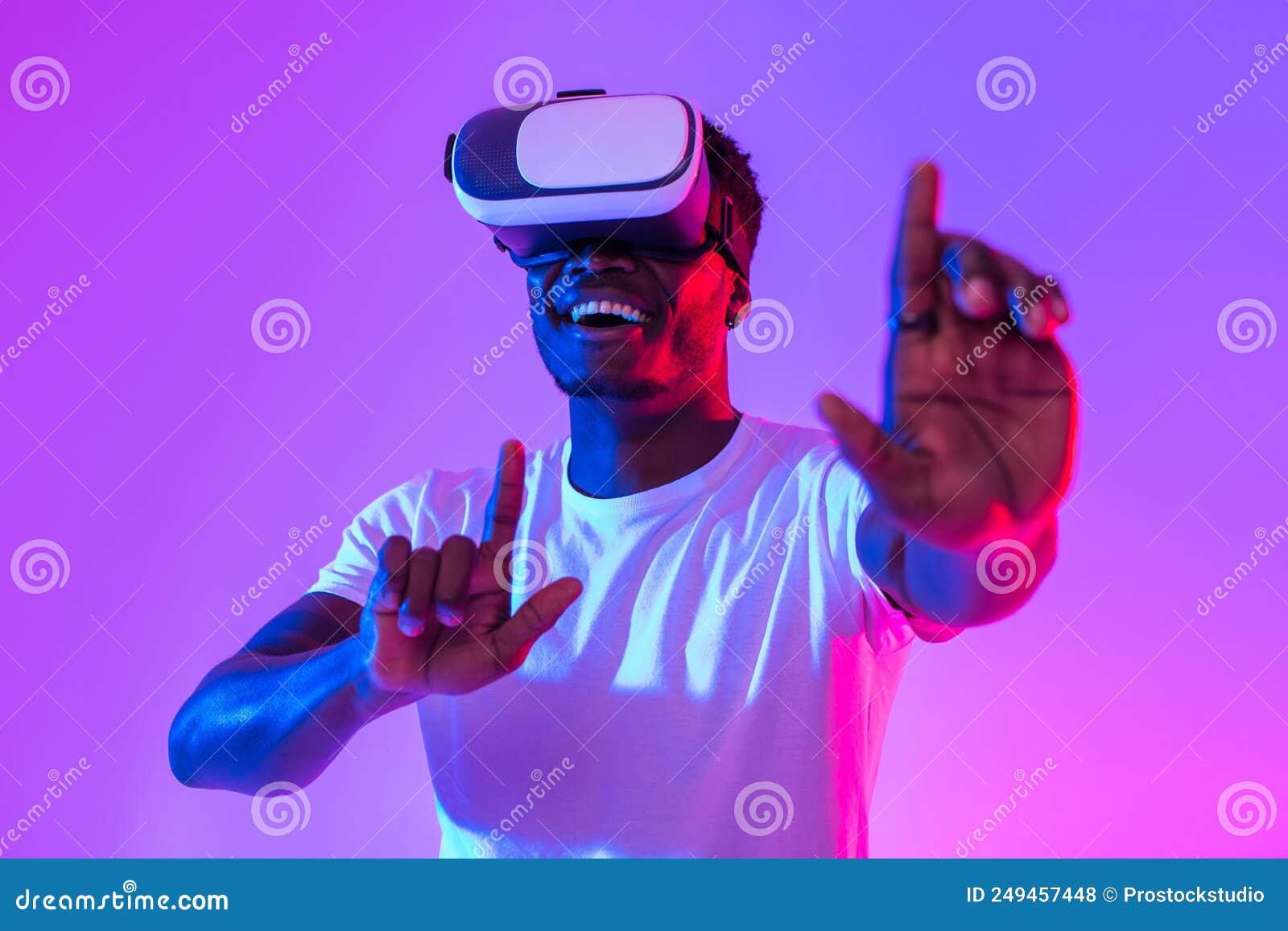 Cool Black Guy in VR Glasses Exploring Cyberspace, Touching Imaginary ...