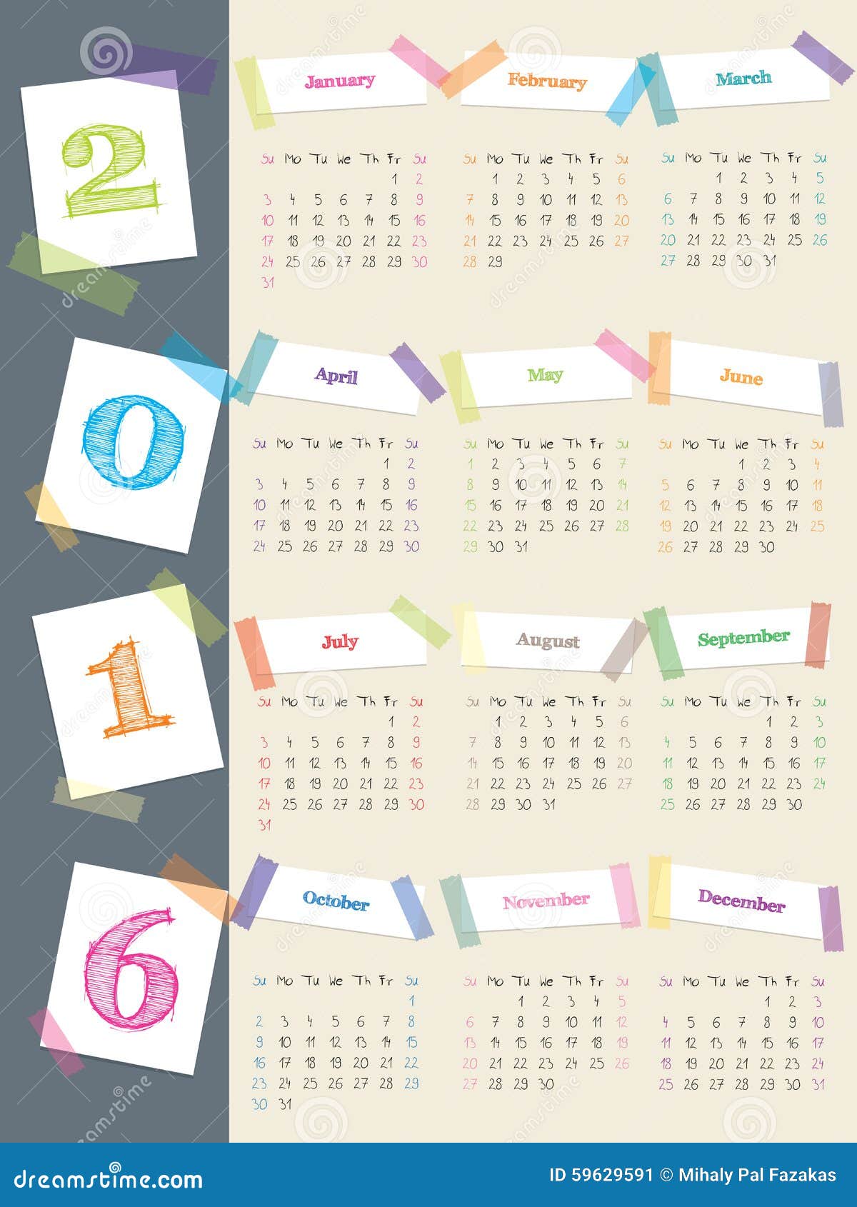 Cool Calendar with Color Tapes for 2016 Stock Vector - Illustration of ...