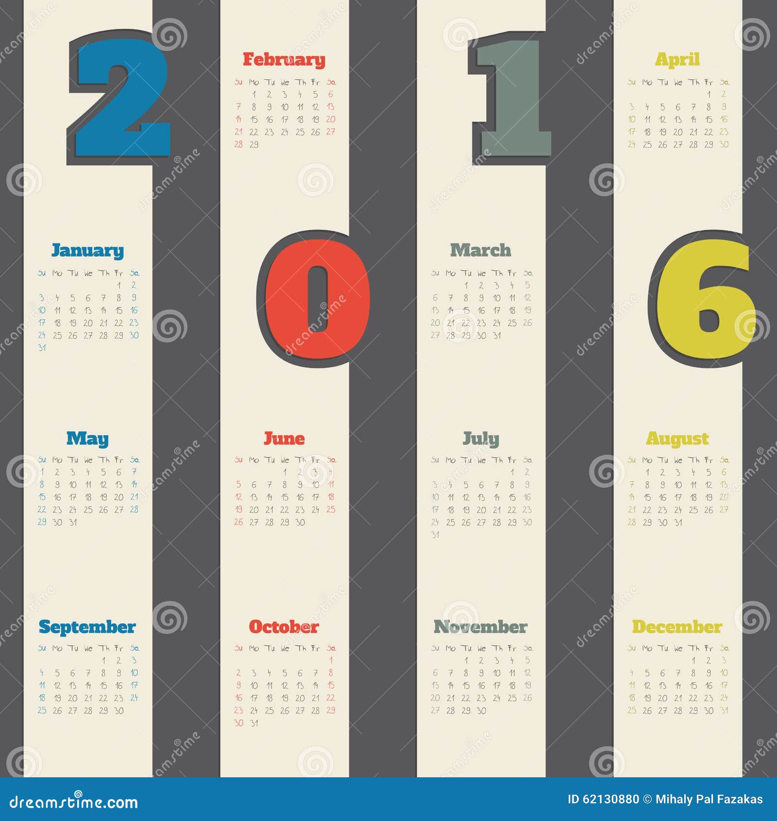 Cool Calendar with Colorful Numbers for 2016 Stock Illustration ...