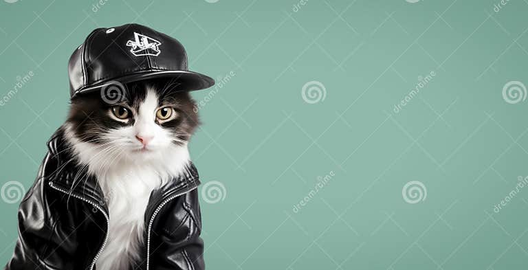 Cool Cat in Leather Jacket and Cap Stock Image - Illustration of ...