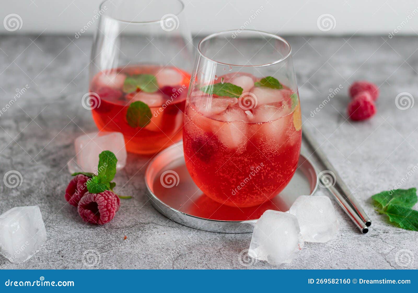 Cool Cocktail with Ice and Mint and Raspberry. Summer. Stock Photo ...