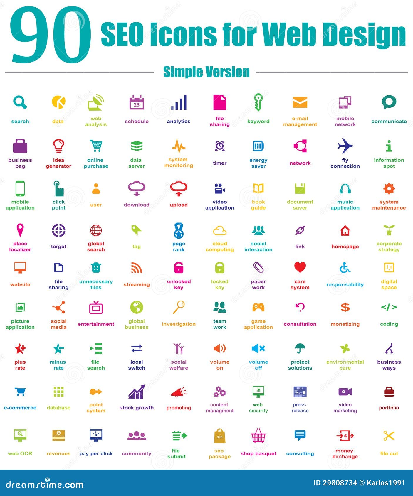 90 SEO Icons for Web Design - Simple Color Version Stock Vector ...