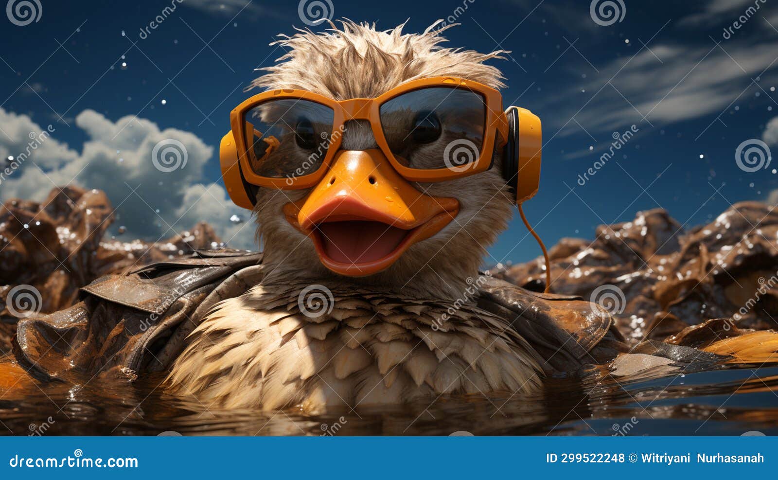 Cool Duck Summer. Cute Little Duckling Swimming. Generative Ai Stock ...