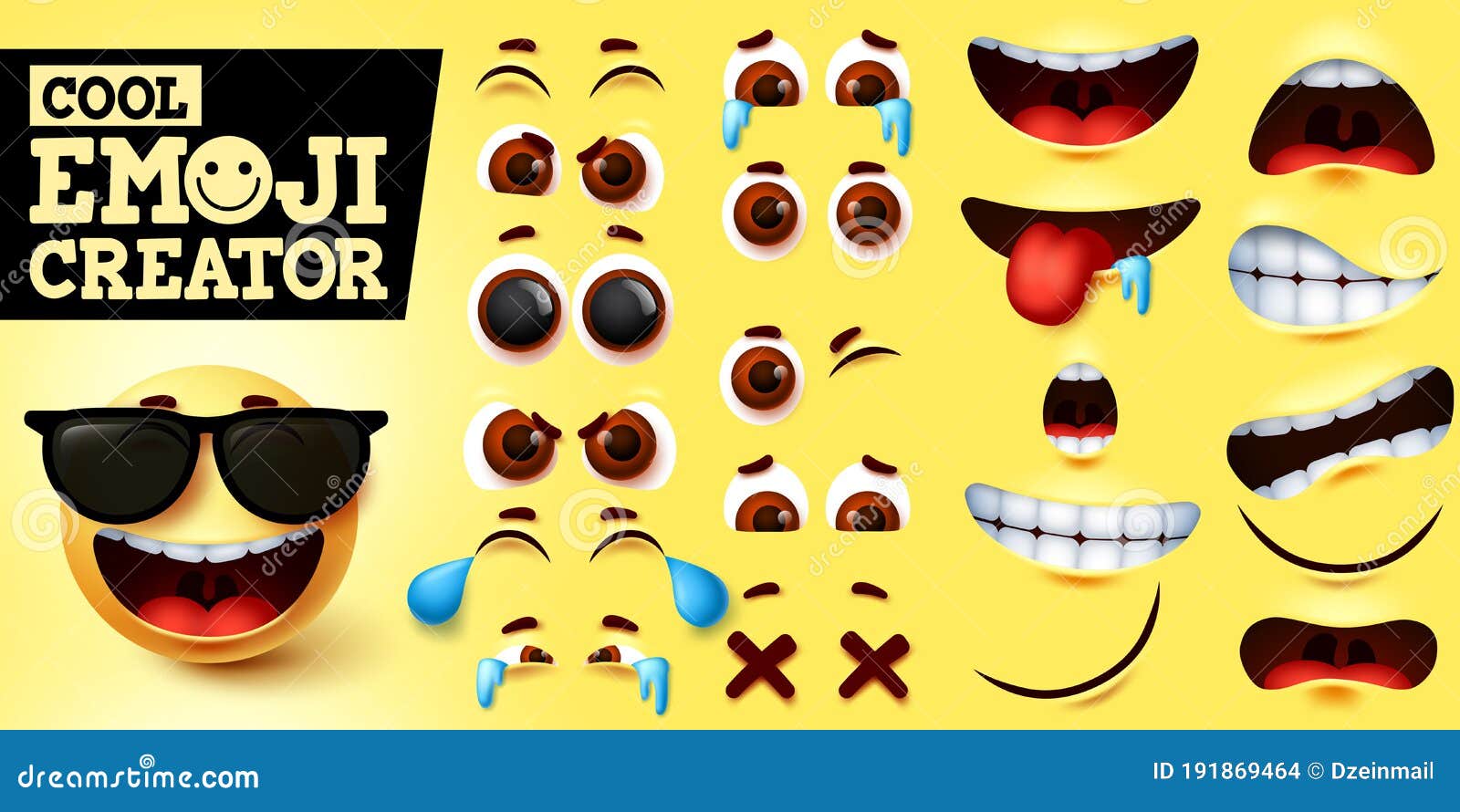 Cool Emoji Smiley Creator Vector Set. Smiley Emojis Maker in Cool Happy ...