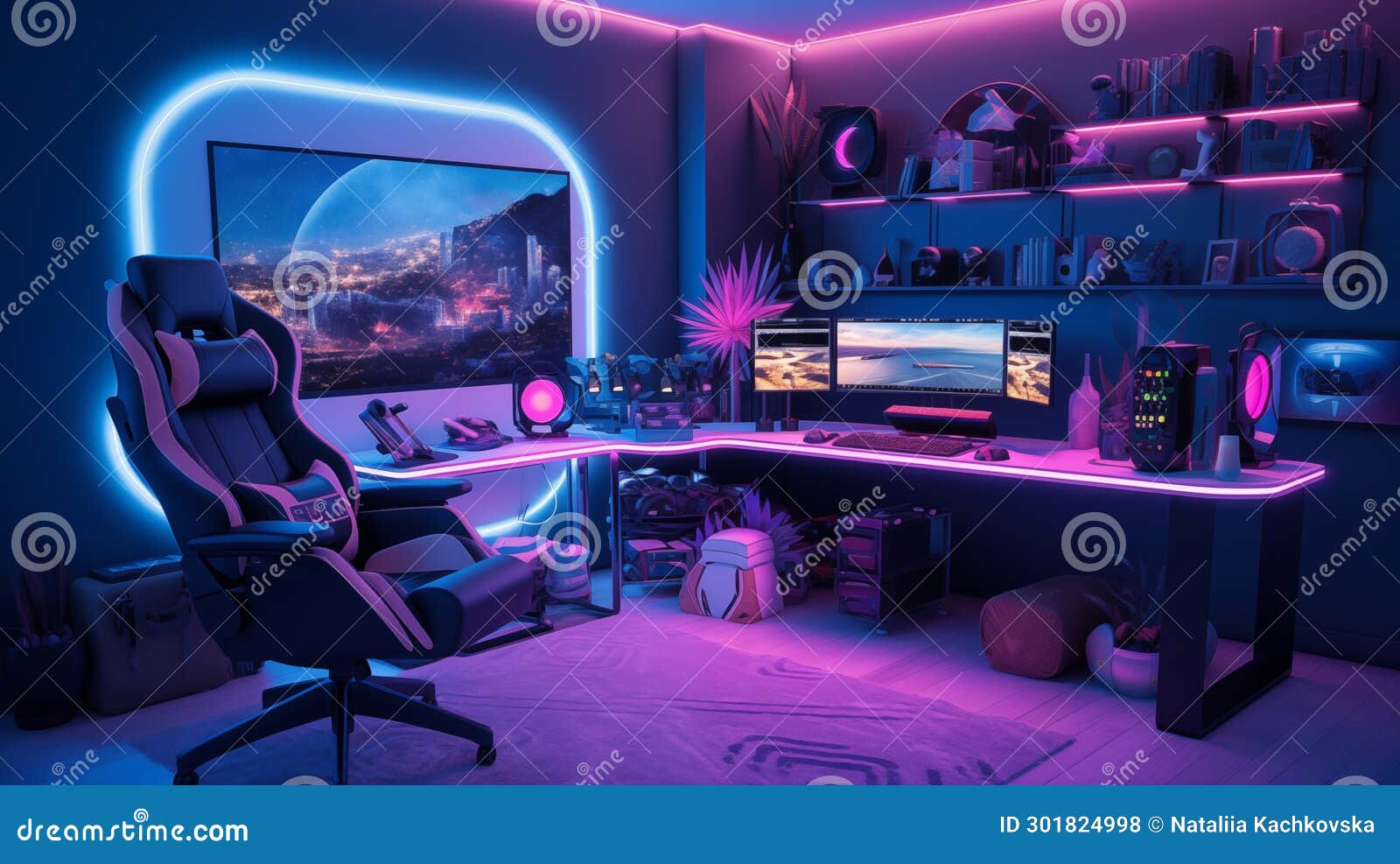 Cool gamer room stock illustration. Illustration of headphones - 301824998