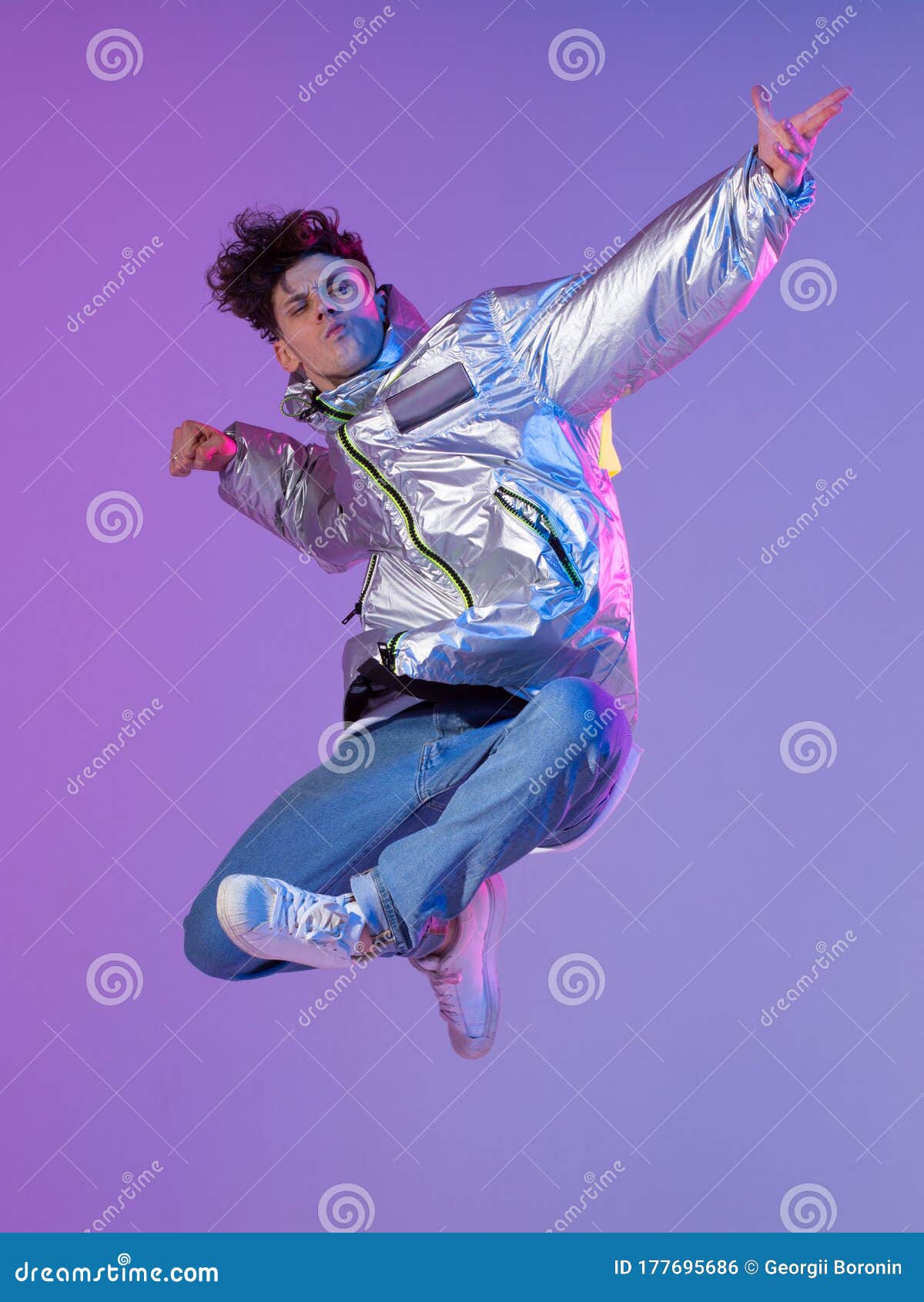 Cool Guy Dancing Contemporary Dance in Studio. Neon Light Background ...