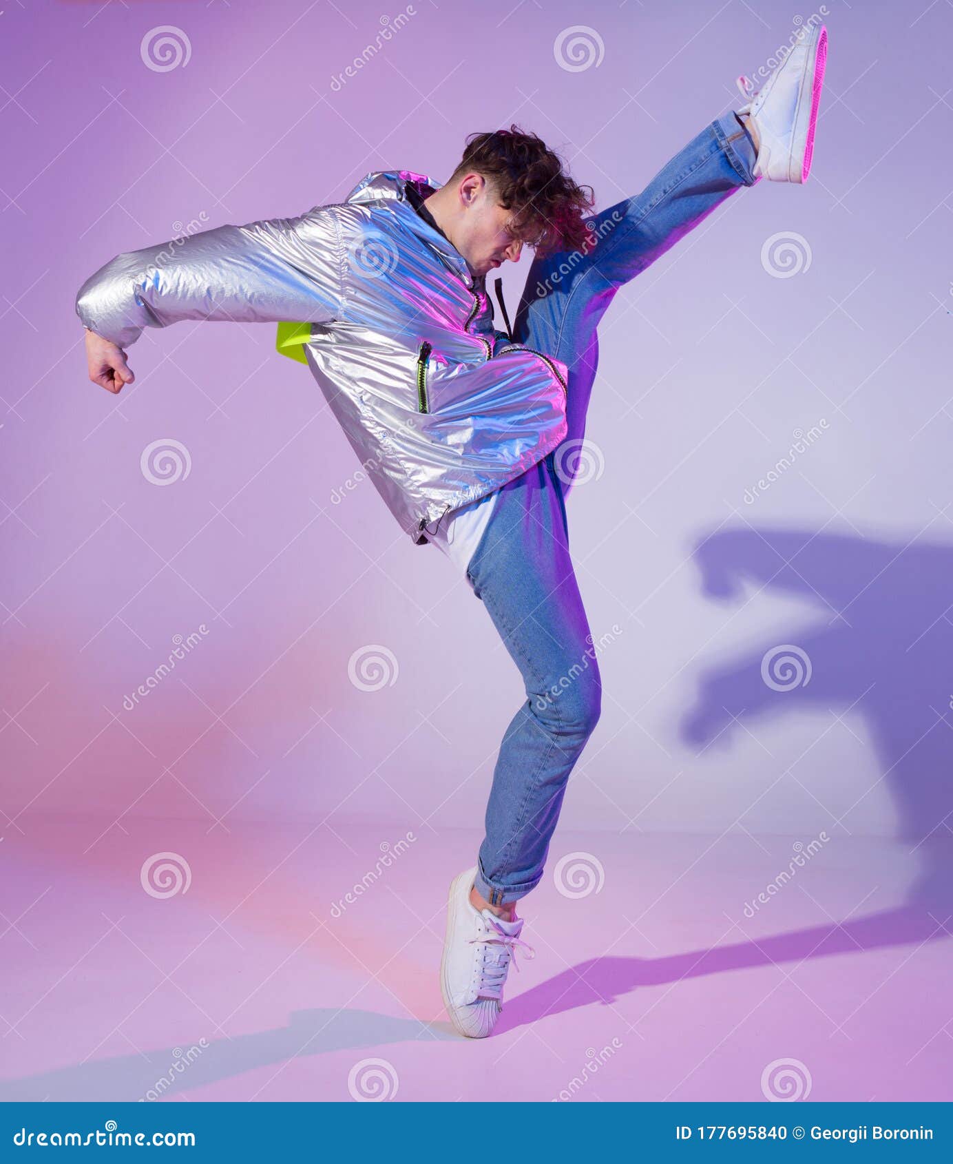 Cool Guy Dancing Contemporary Dance in Studio. Neon Light Background ...