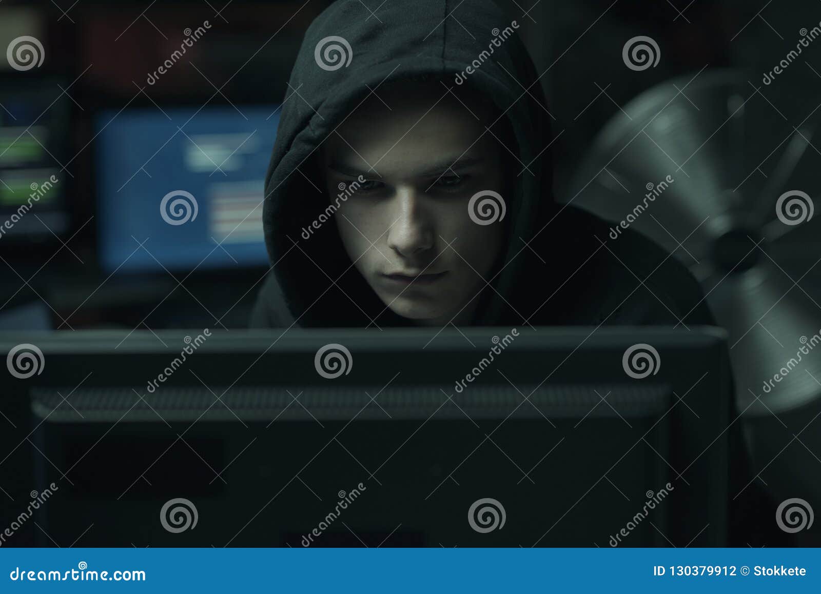Cool Hacker with Hoodie Working with Computers Stock Photo - Image of ...
