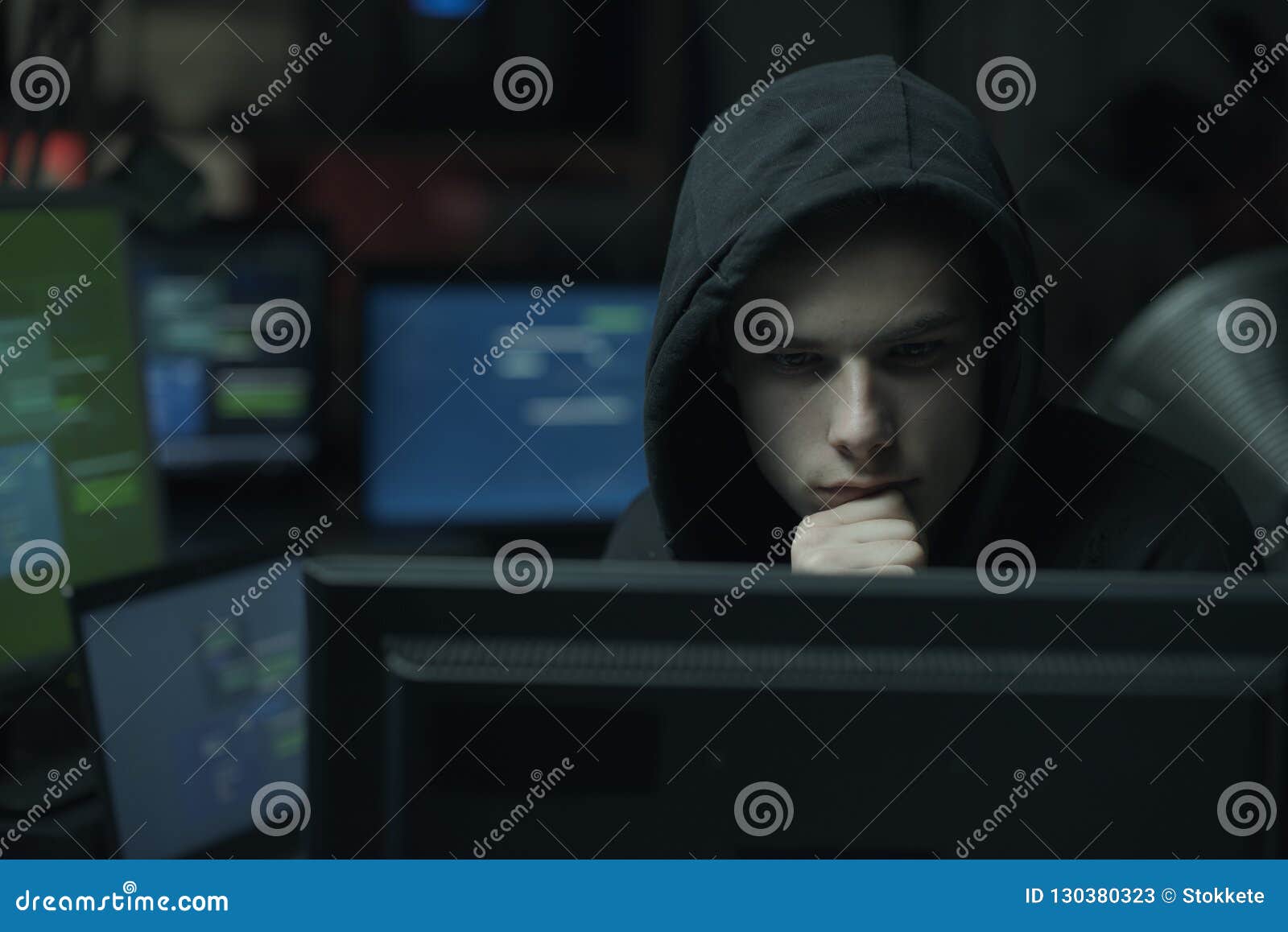 Cool Hacker with Hoodie Working with Computers Stock Image - Image of ...