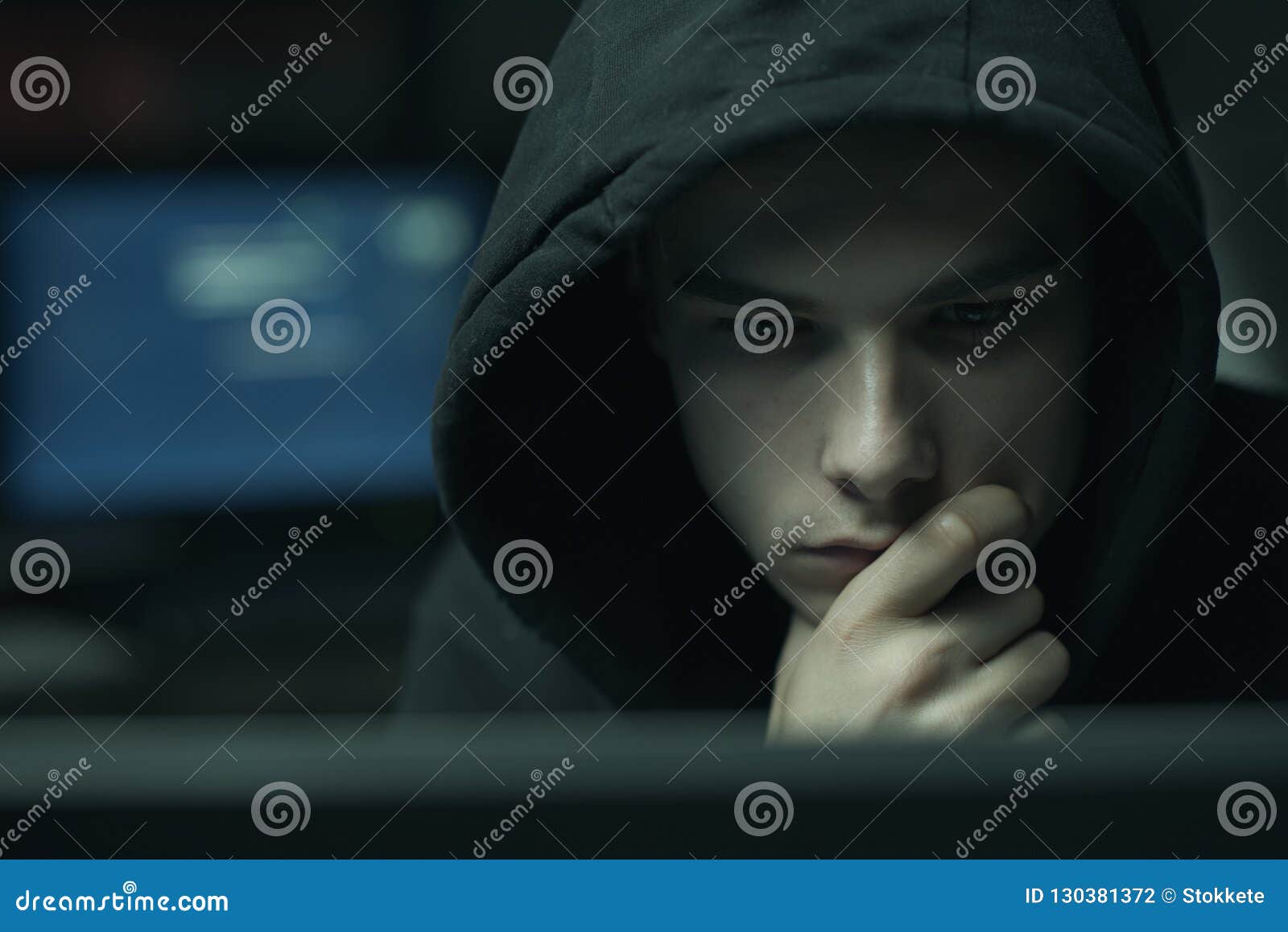 Cool Hacker with Hoodie Working with Computers Stock Photo - Image of ...