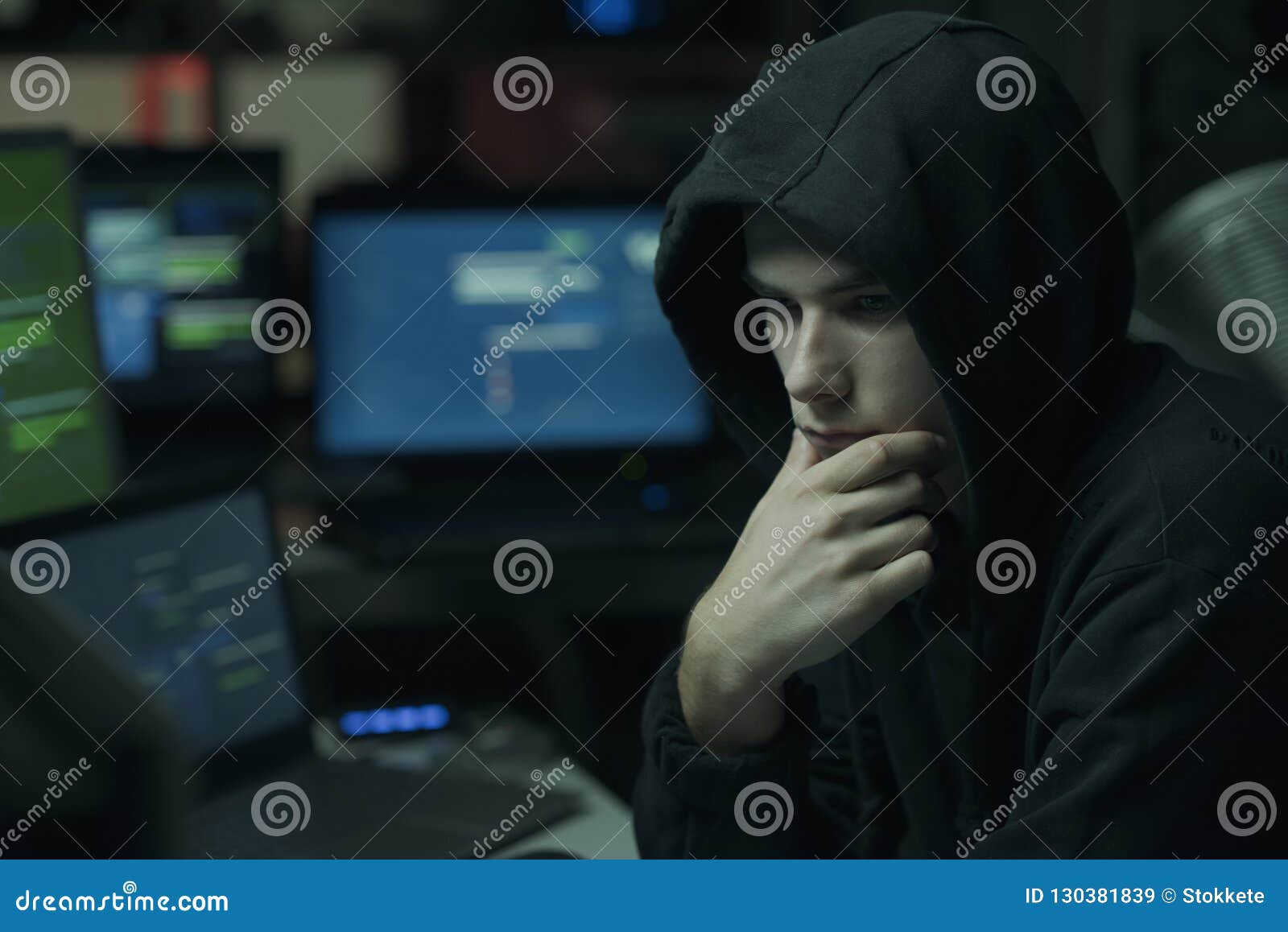 Cool Hacker with Hoodie Working with Computers Stock Image - Image of ...