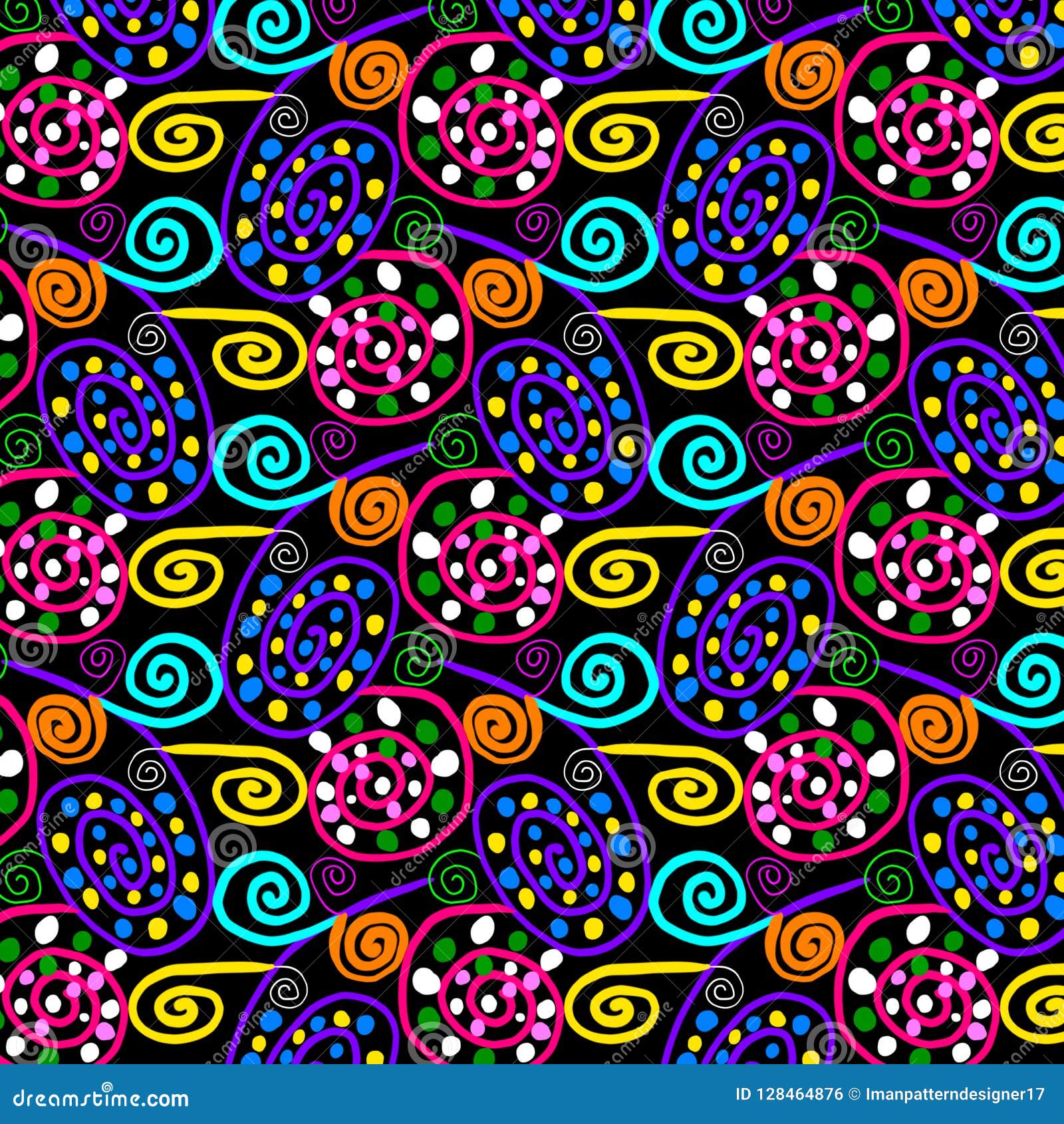 Colorful Swirls and Dots in a Repeating Pattern Stock Illustration ...