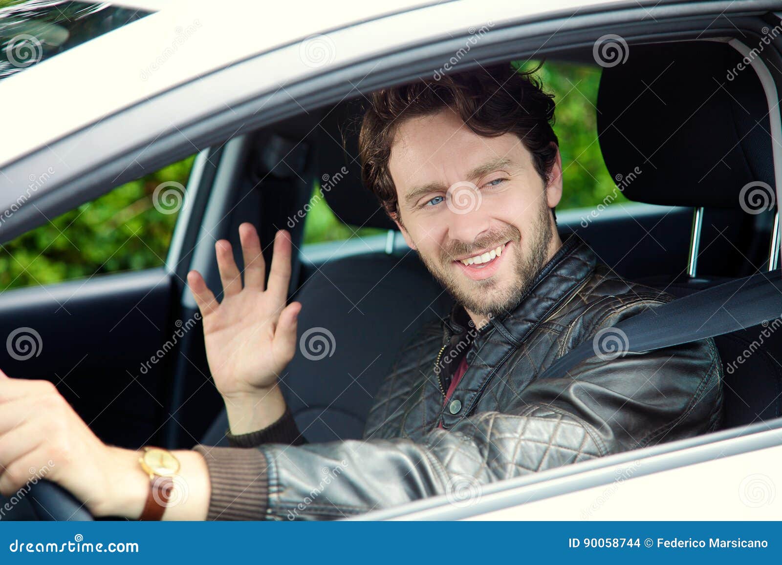 Cool Man Driving Car Saying Hello Stock Photo - Image of hello, style ...