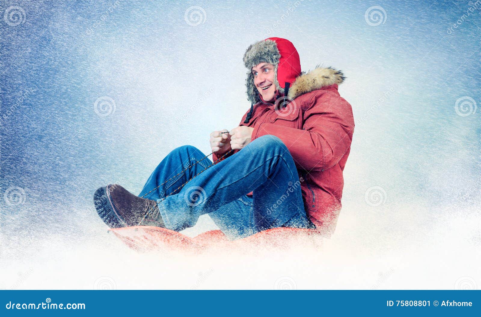 Cool Man Fly on a Sled in the Snow, Concept Winter Fun Stock Image ...