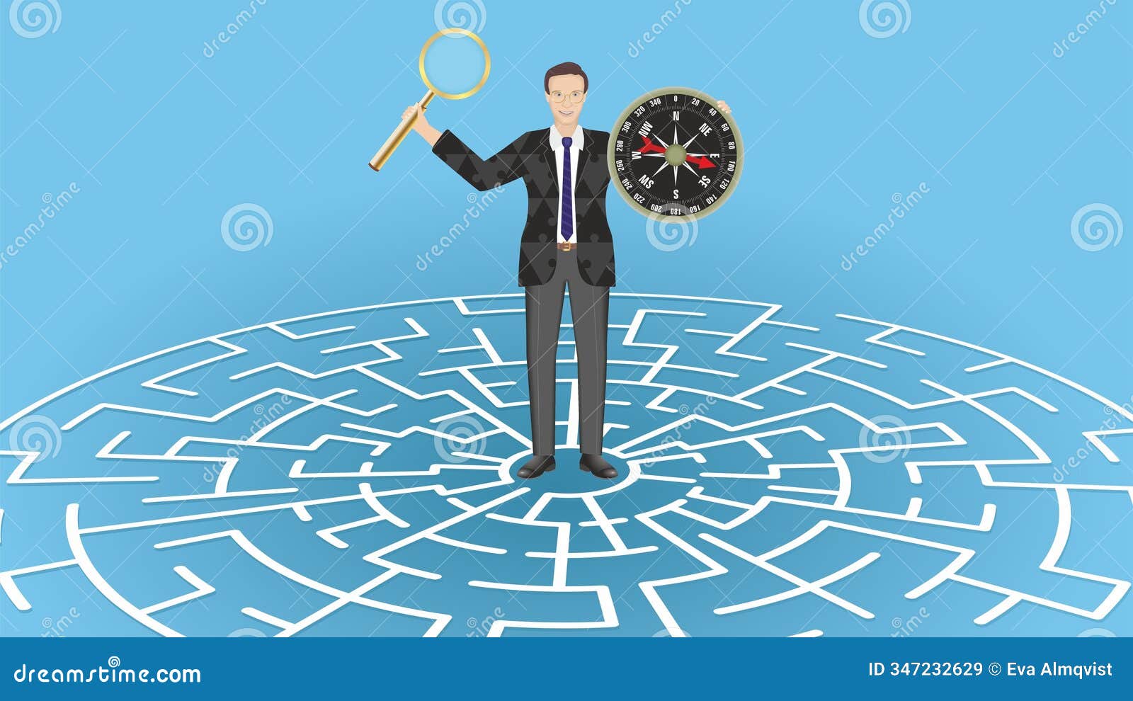 Cool Man with Magnifying Glass and Compass. Standing on Maze Game ...