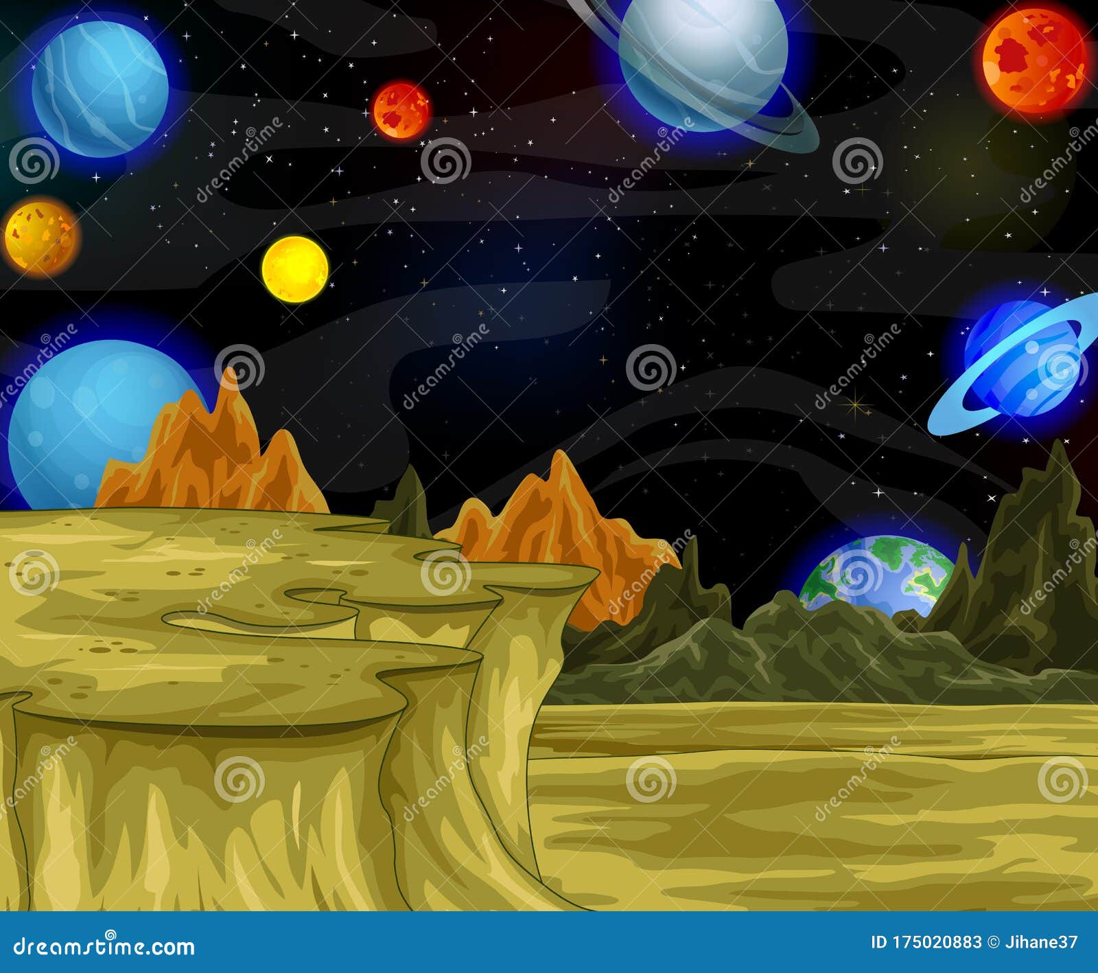 Cool Mars Surface in Space with Other Planets Cartoon Stock Vector ...