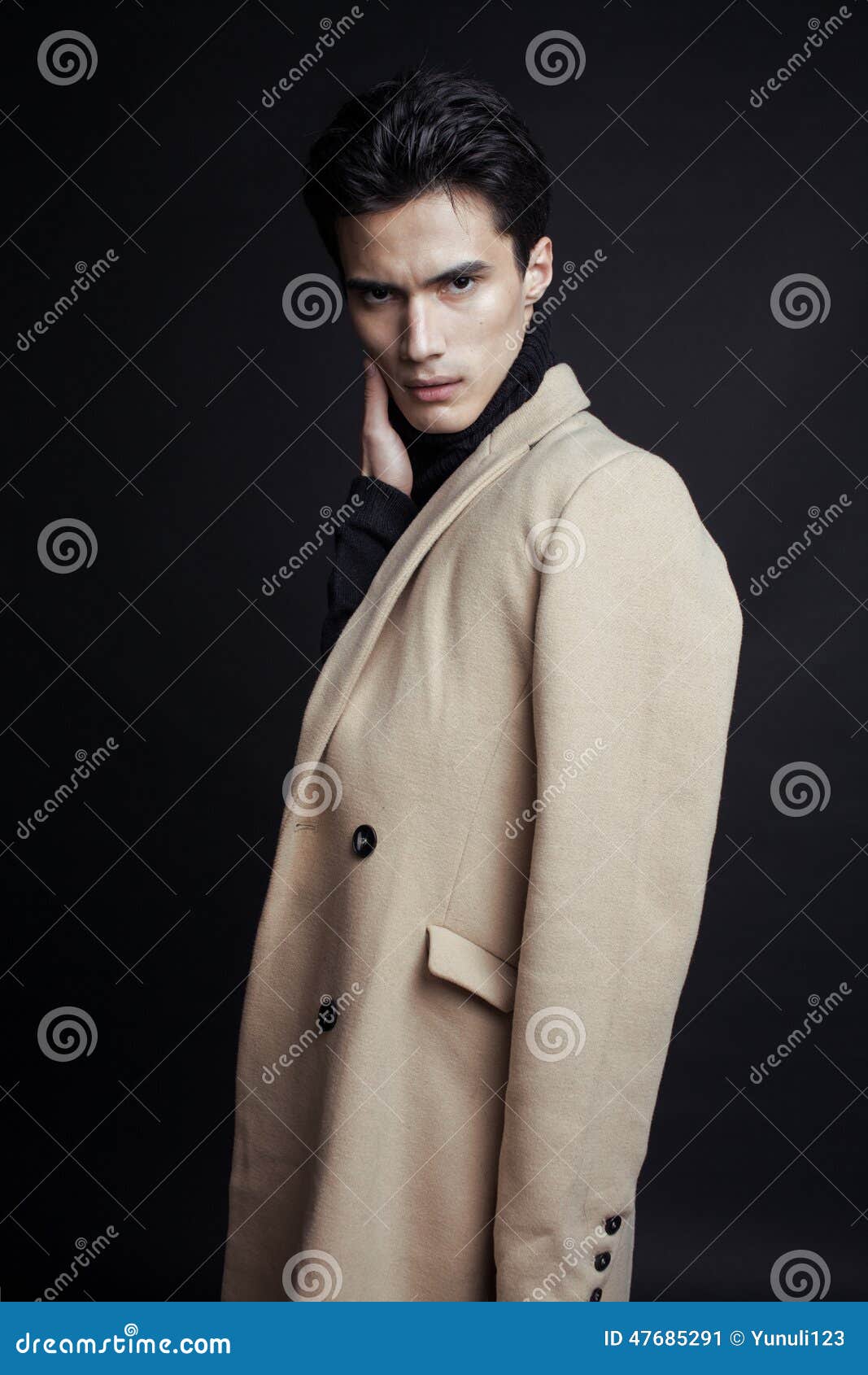 Cool Real Young Man In Coat On Black Background Stock Image - Image of ...