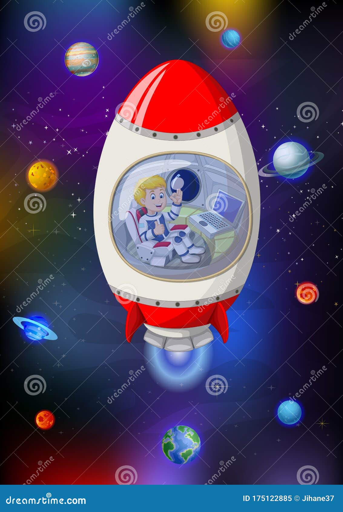 Cool Red White Rocket in Galaxy Space with Planets Cartoon Stock ...