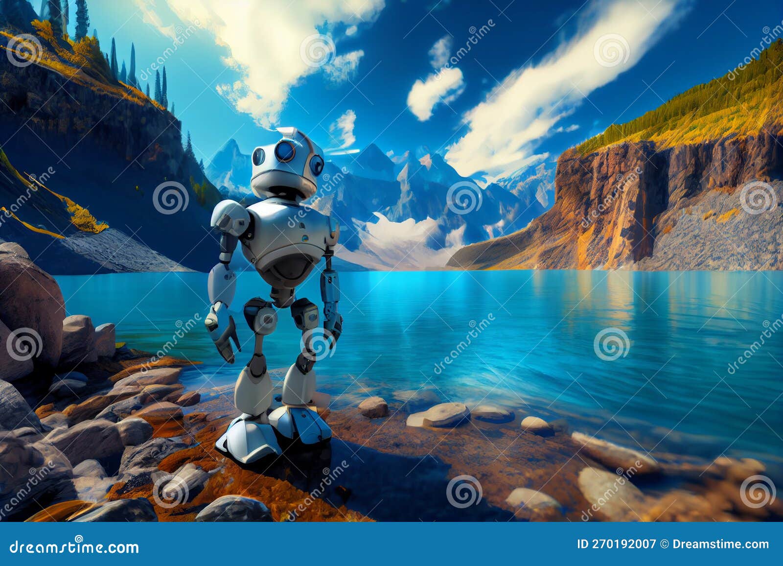 Cool Robot Walks in Nature Near the Lake. AI Generated Stock ...