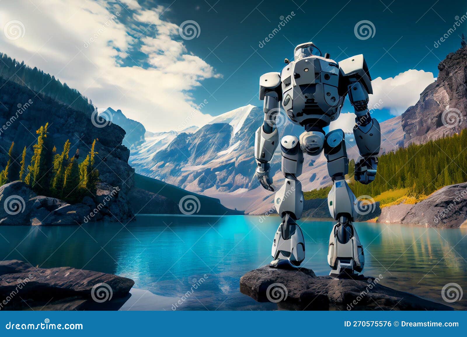 Cool Robot Walks in Nature Near the Lake. AI Generated Stock ...
