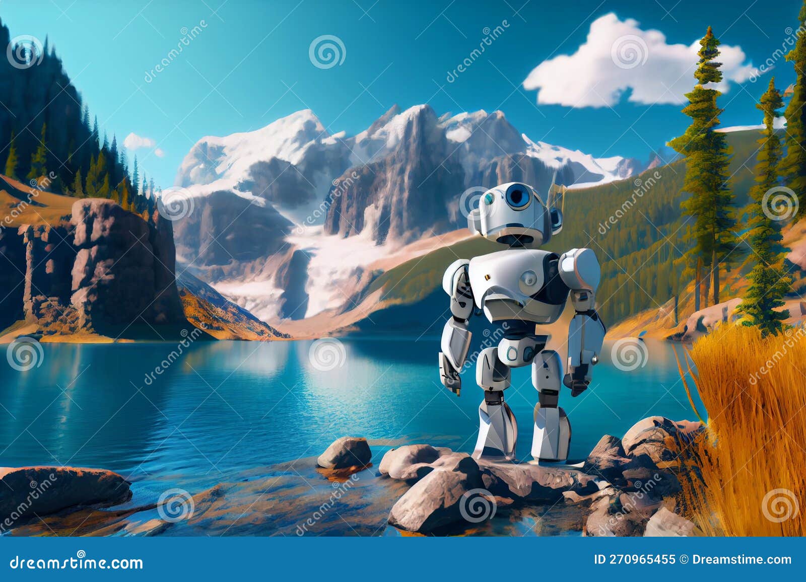 Cool Robot Walks in Nature Near the Lake. AI Generated Stock ...