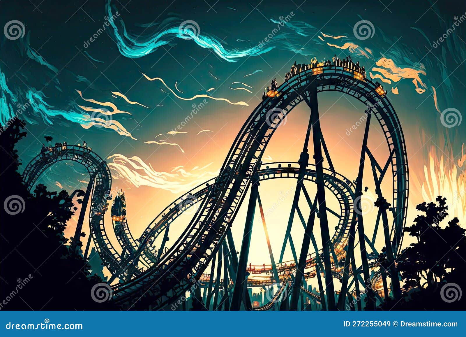 Cool Roller Coaster in Amusement Park in Evening Stock Illustration ...