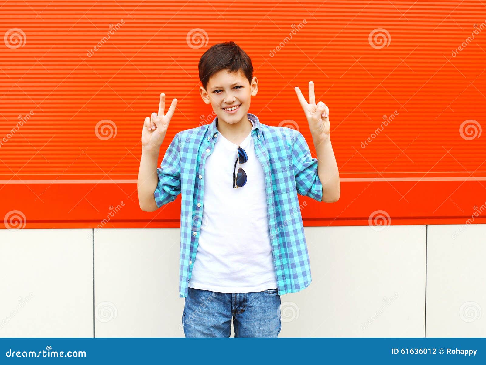 Cool Smiling Child Boy Having Fun in City Over Red Stock Photo - Image ...