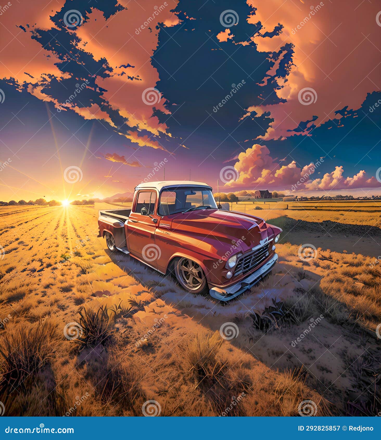 Cool Sunset Farmland Image of Truck in Rural Setting Stock Illustration ...