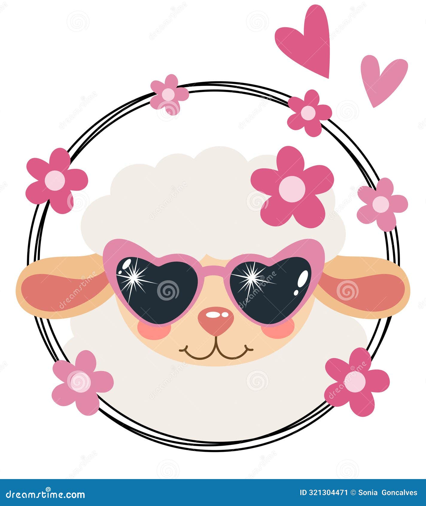 Cool Super Star Sheep In Round Frame With Flowers Cartoon Vector ...