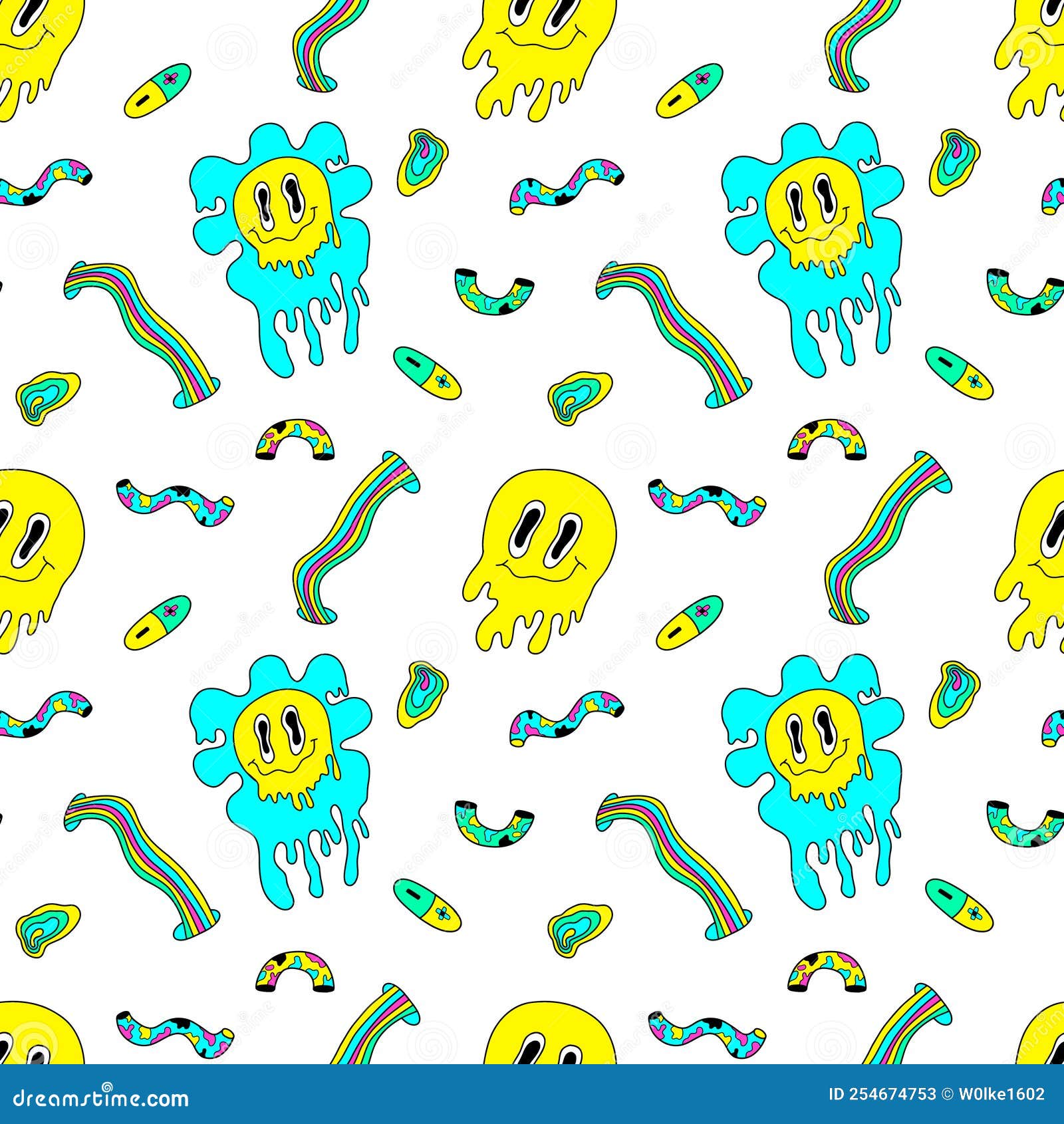 Cool Vector Pattern with a Dripping Flower and a Smile on a Neon-white ...