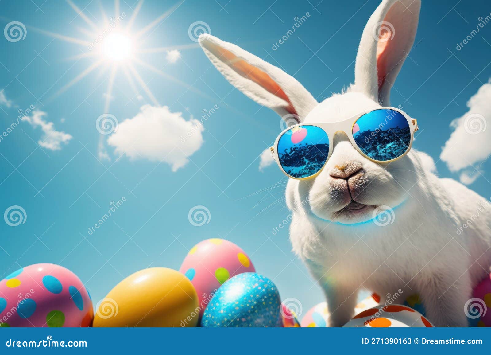 Cool White Bunny Wearing Sunglasses With Colorful Easter Eggs Blue Sky