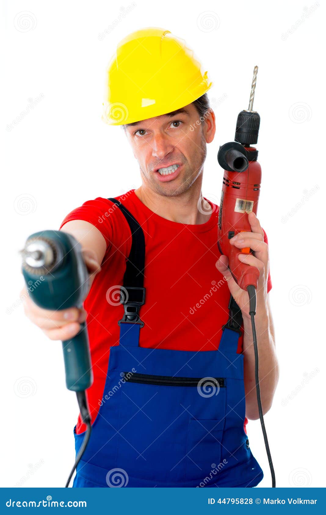 Cool Worker with Two Drills Stock Photo - Image of handyman, helmet ...