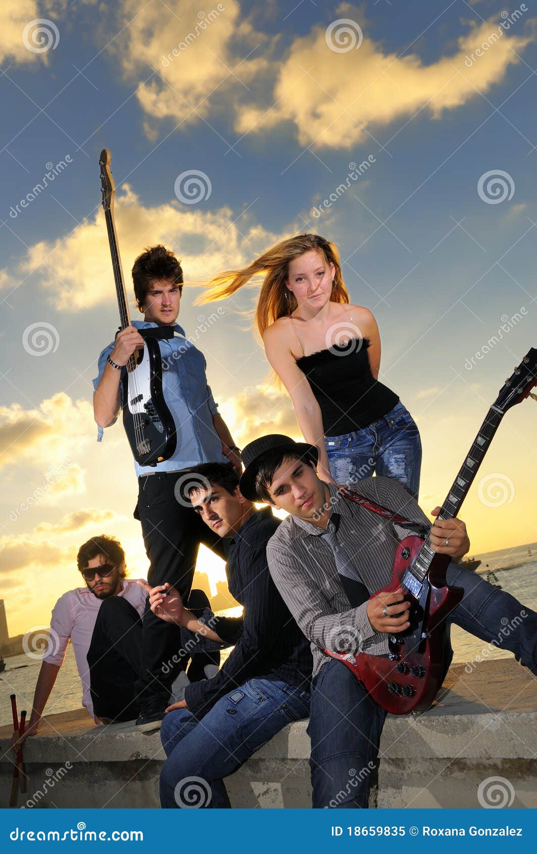 Cool Young Musicians Posing at Sunset Stock Image - Image of bass ...