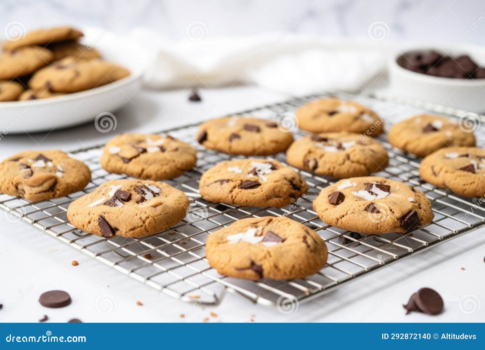 Cooling Rack with Chocolate Chip Cookies on a Marble Counter Stock ...