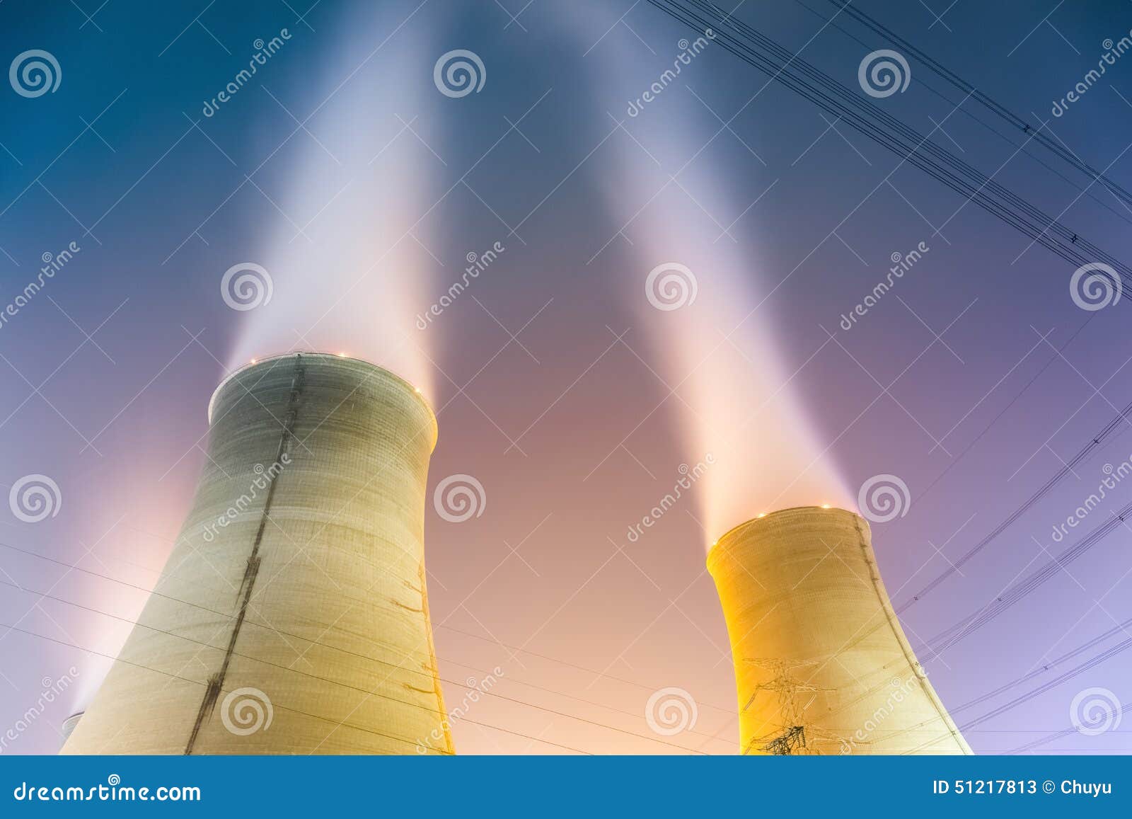 Cooling towers at night stock image. Image of light, condensation ...