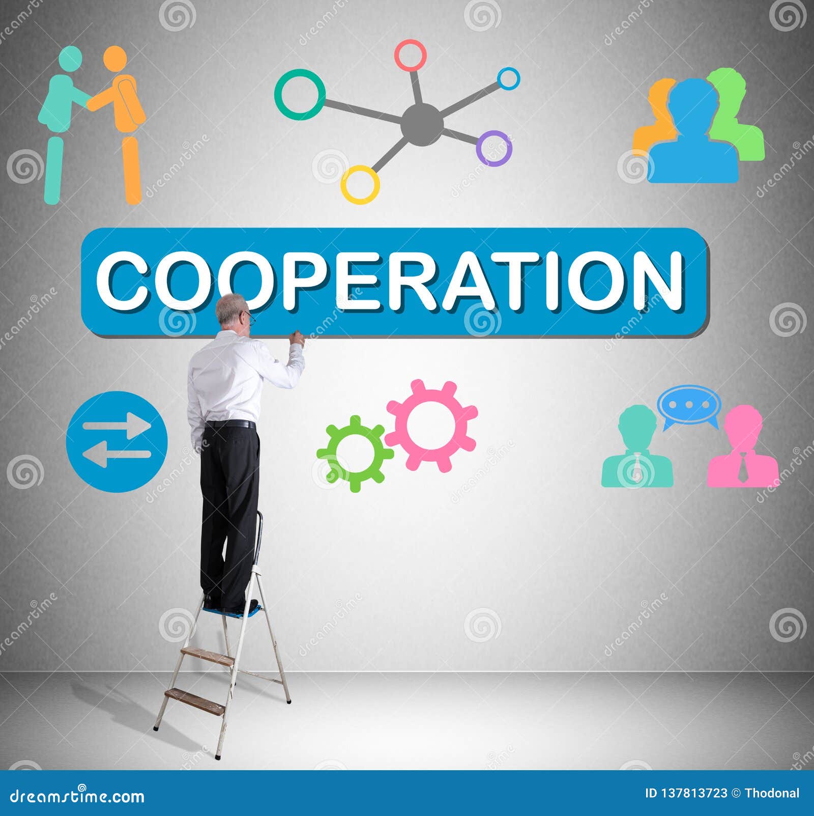 Cooperation Concept Drawn by a Man on a Ladder Stock Illustration ...