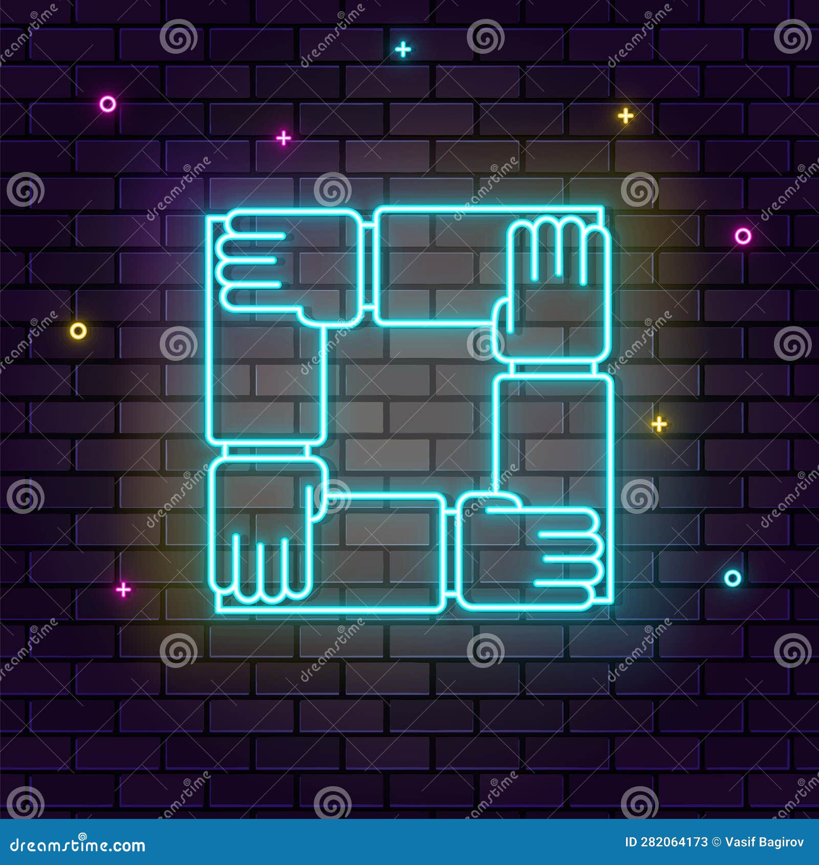 Cooperation, Hands, Multicolor Neon Icon on Dark Brick Wall Stock ...