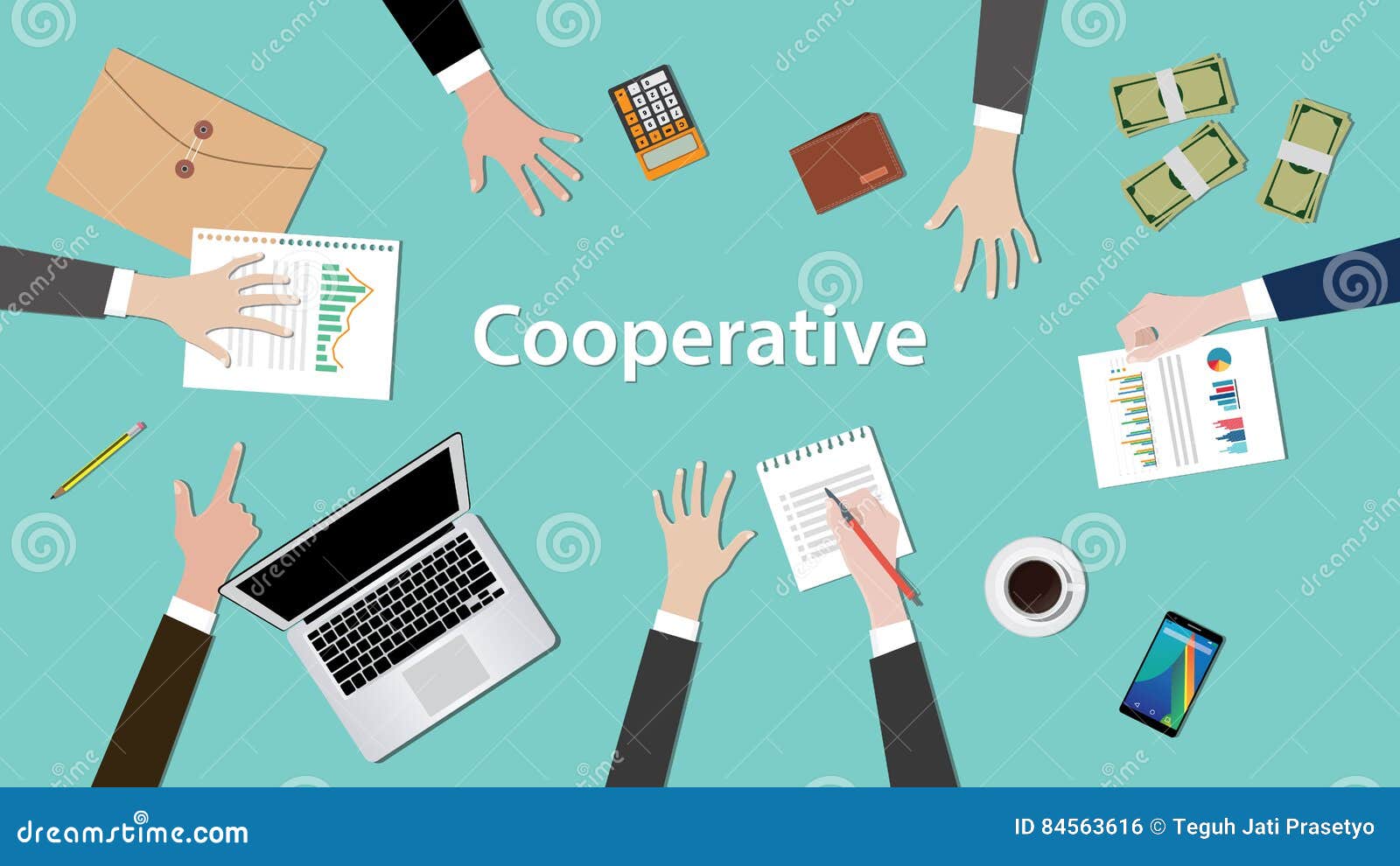 Cooperative Concept Discussion Illustration with Paperworks, Money ...
