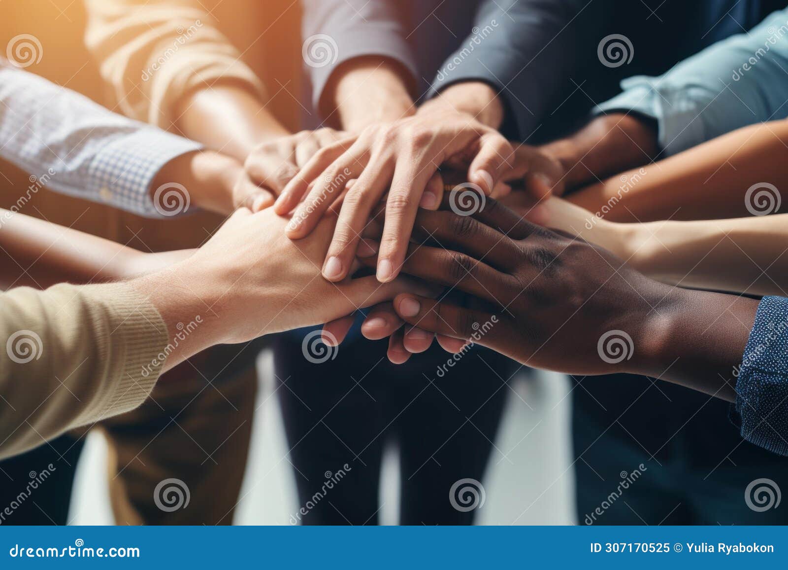 Cooperative People Putting Hands Together Indoors Unity. Generate Ai ...